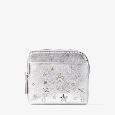 Compact Zip Card Case | Silver Metallic Leather Card Case | JIMMY CHOO AU