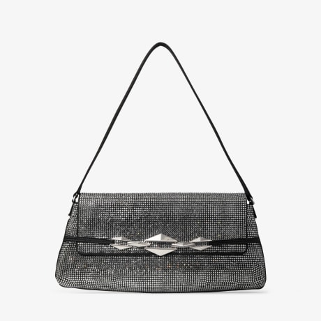 Diamond Shoulder | Sac porté épaule en satin noir à cristaux | JIMMYCHOO