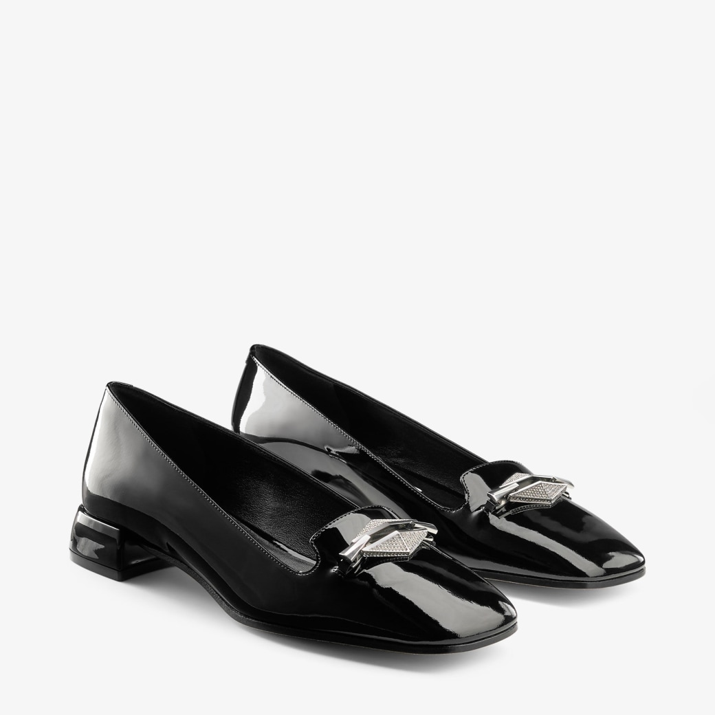 Ravi Flat | Black/Crystal Patent Leather Flats | JIMMY CHOO