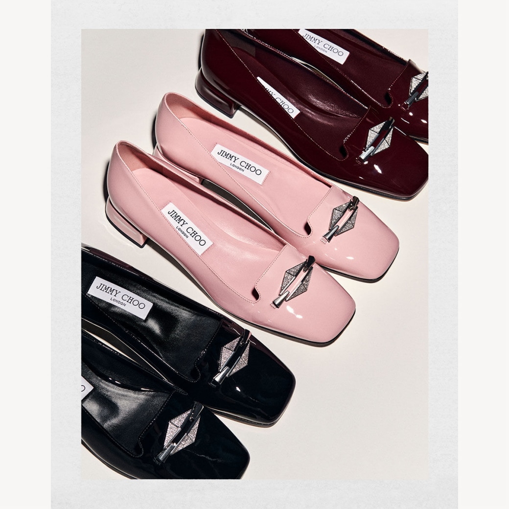 Ravi Flat | Black/Crystal Patent Leather Flats | JIMMY CHOO