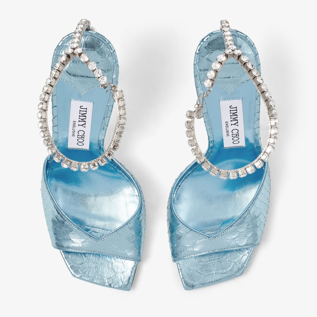SAEDA SANDAL 100 | Ice Blue Metallic Snake Printed Leather Sandals with ...