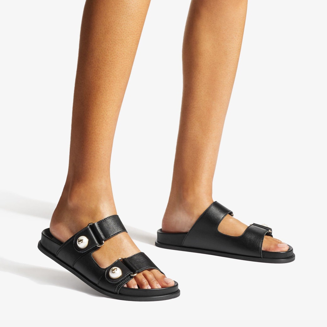 FAYENCE SANDAL | Black Leather Flat Sandals with Pearl Embellishment ...
