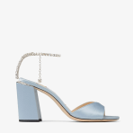 Saeda Sandal 85 | Ivory Satin Block Heel Sandals with Crystal Chain ...