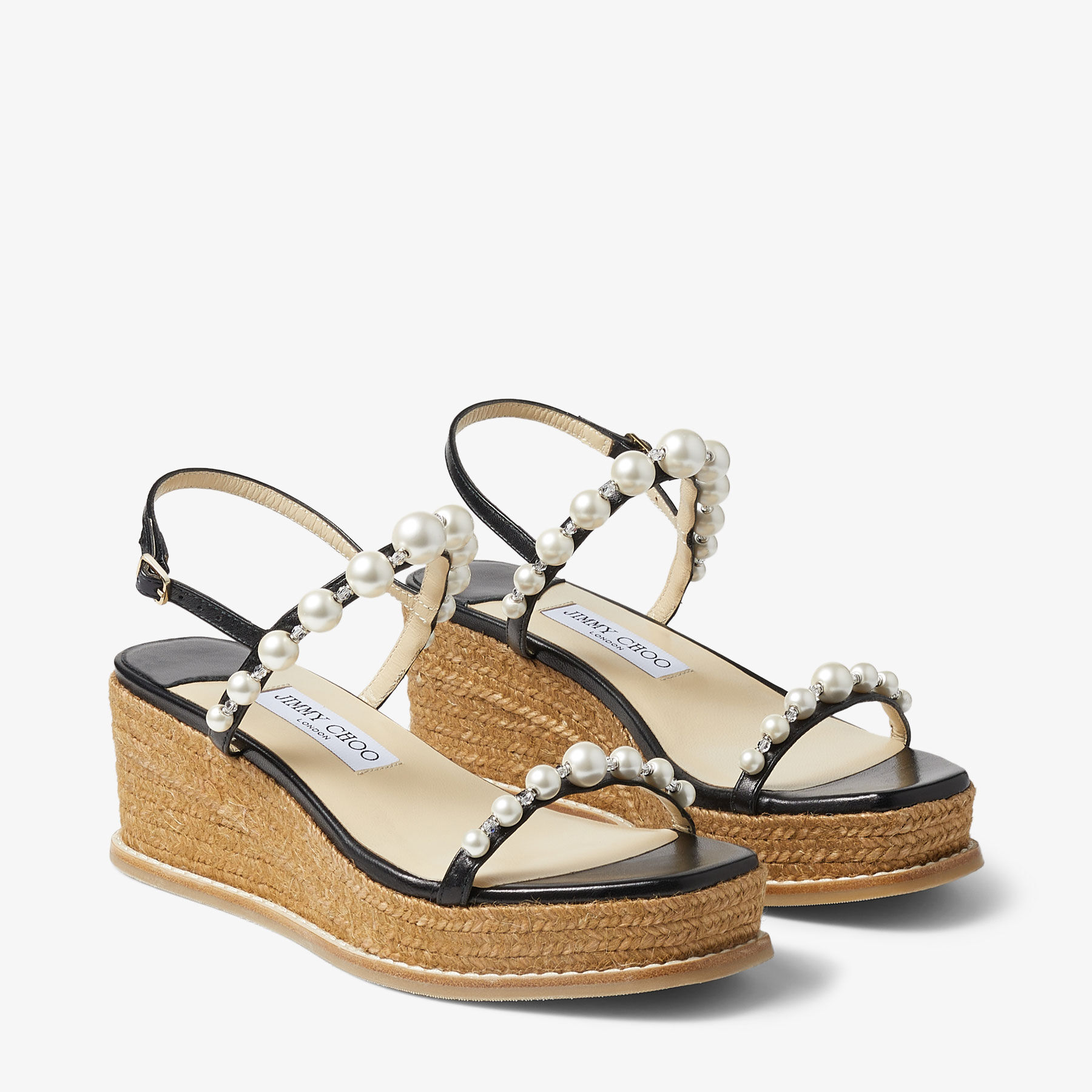 AMATUUS 60 | Black Nappa Latte Wedge Sandals with Pearls | Summer ...