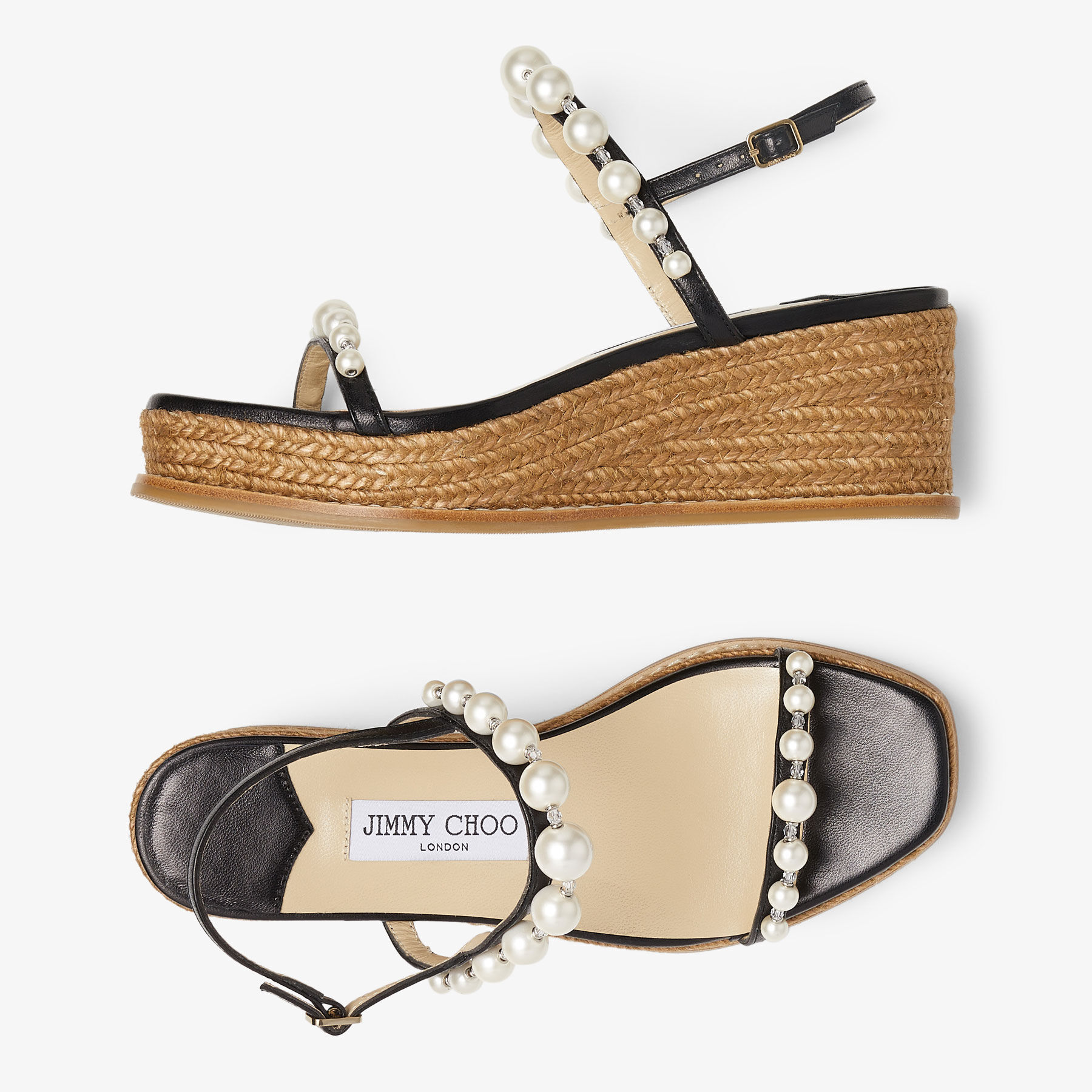 AMATUUS 60 | Black Nappa Latte Wedge Sandals with Pearls | Summer ...
