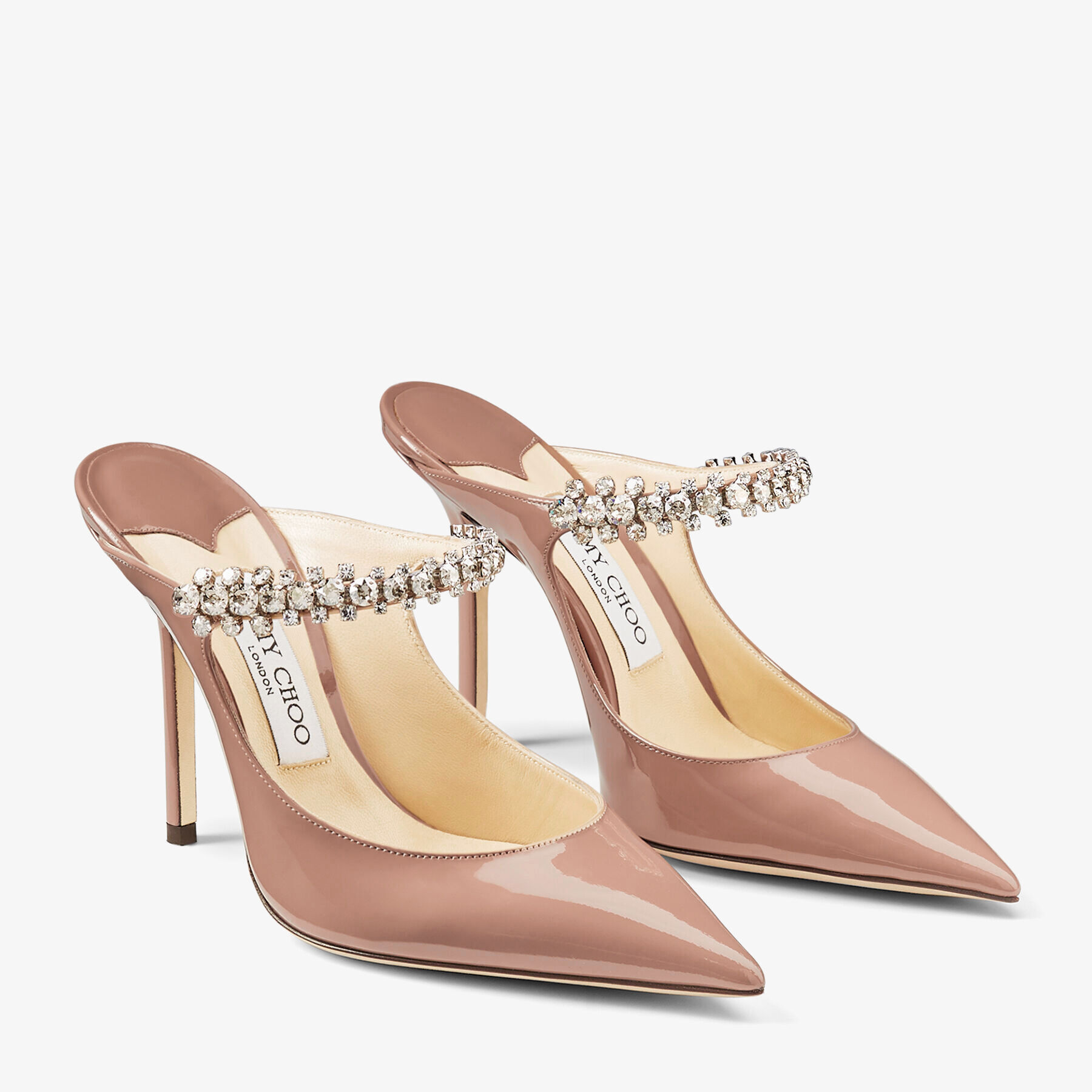 Bing 100 | Ballet Pink Patent Leather Mules with Crystal Strap | JIMMY CHOO