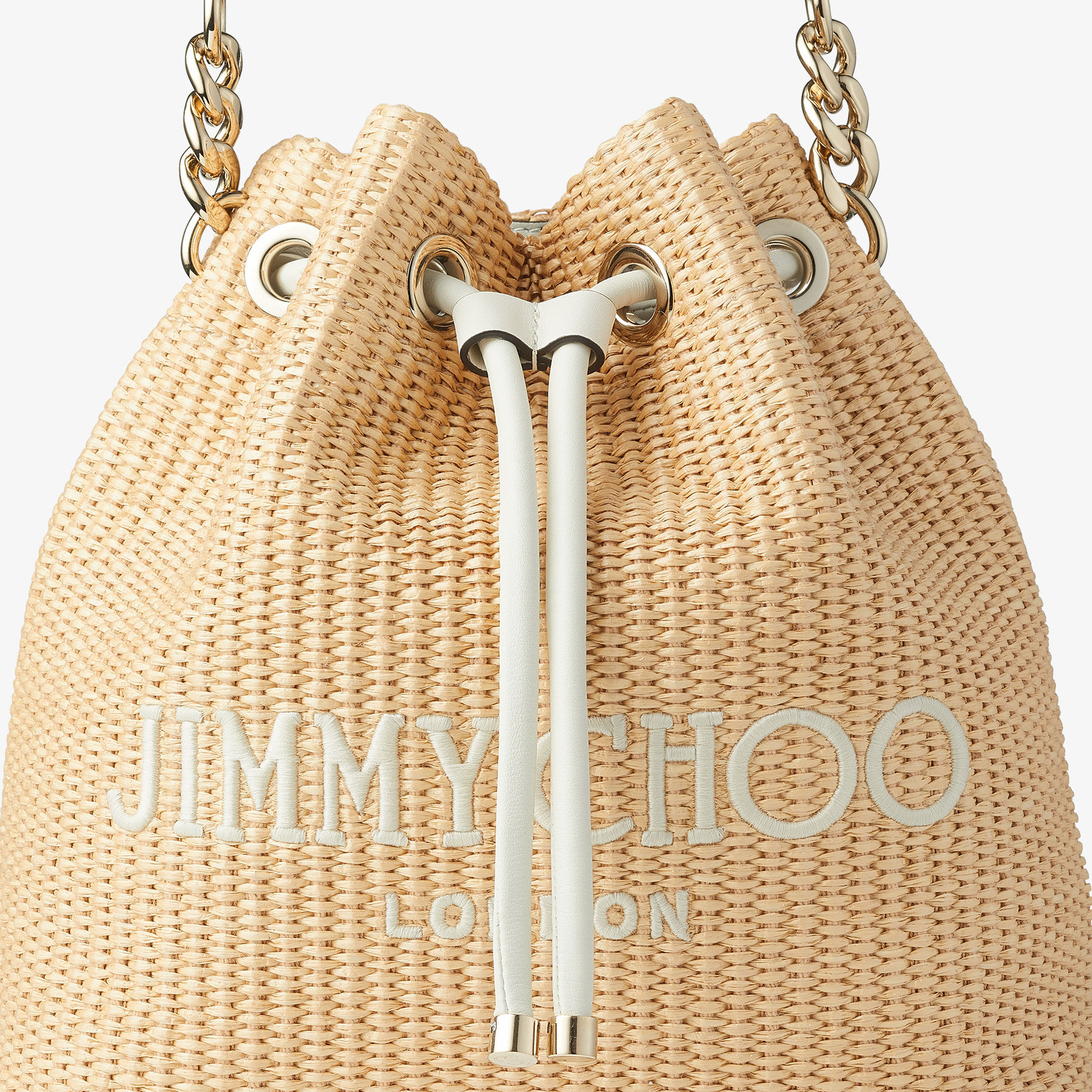 Bon Bon Bucket | Natural Raffia Embroidered Bucket Bag | JIMMY CHOO UK