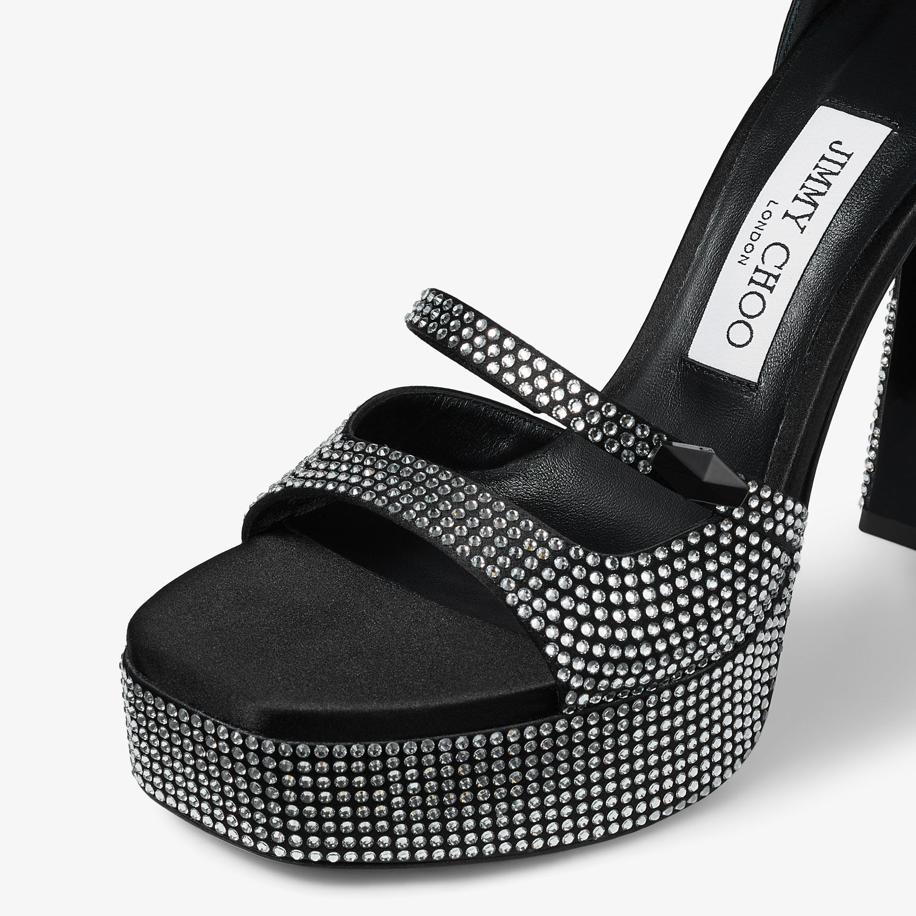 Claressa Platform 125 | Black Satin Crystal Platform Sandals | JIMMY CHOO