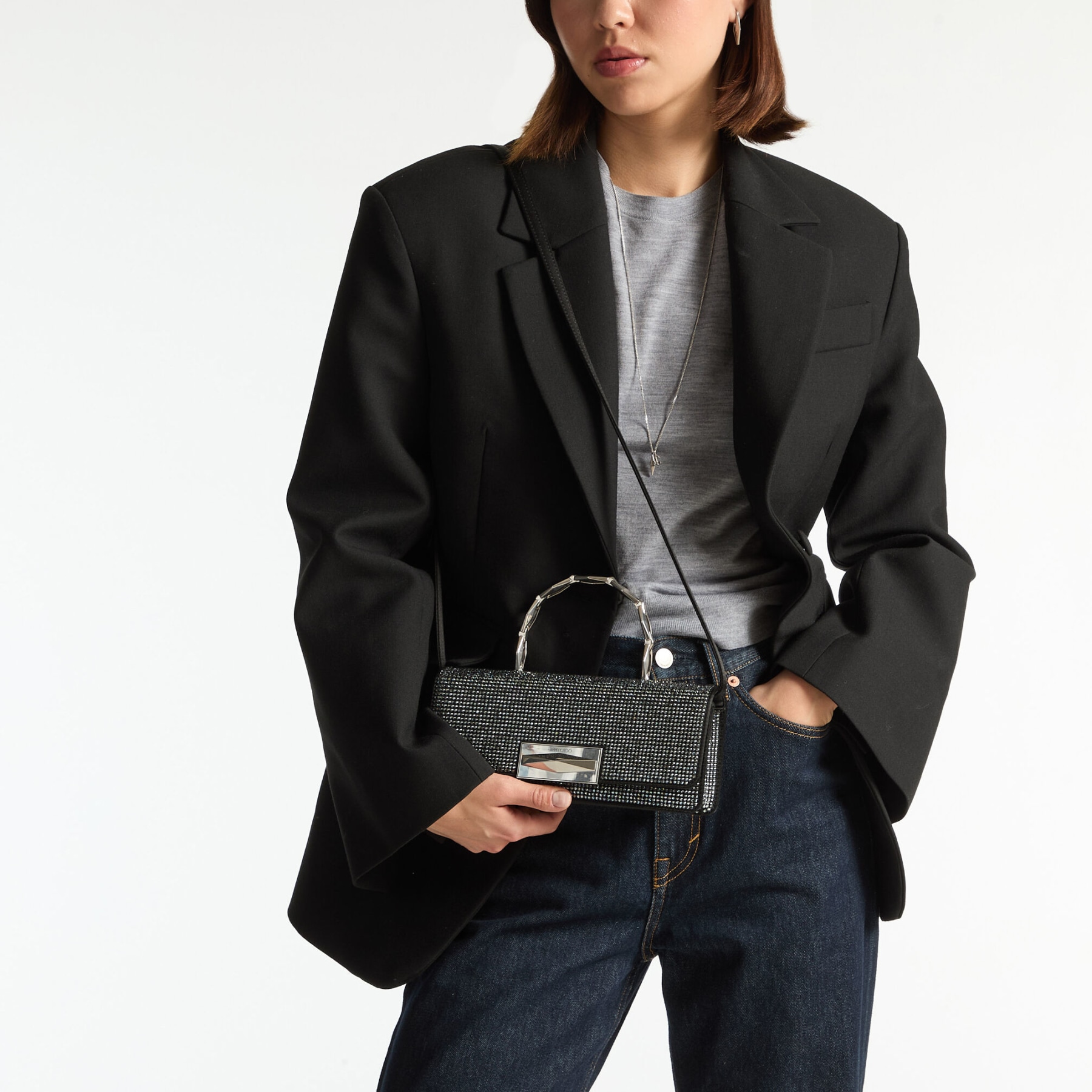 Diamond Chain Top Handle | Black Crystal Top Handle Bag | JIMMY CHOO