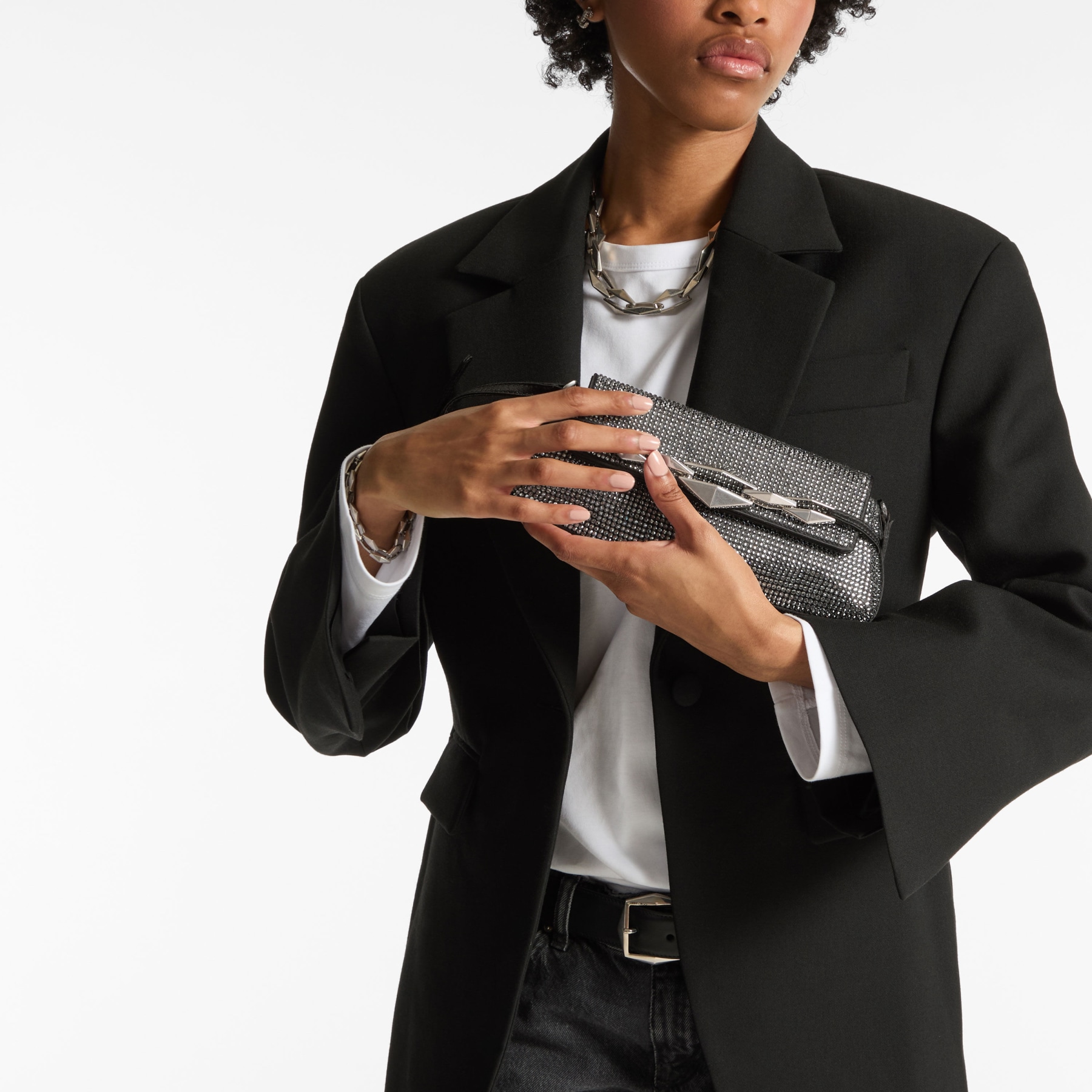 Diamond Shoulder | Black Satin Crystal Mini Bag | JIMMY CHOO
