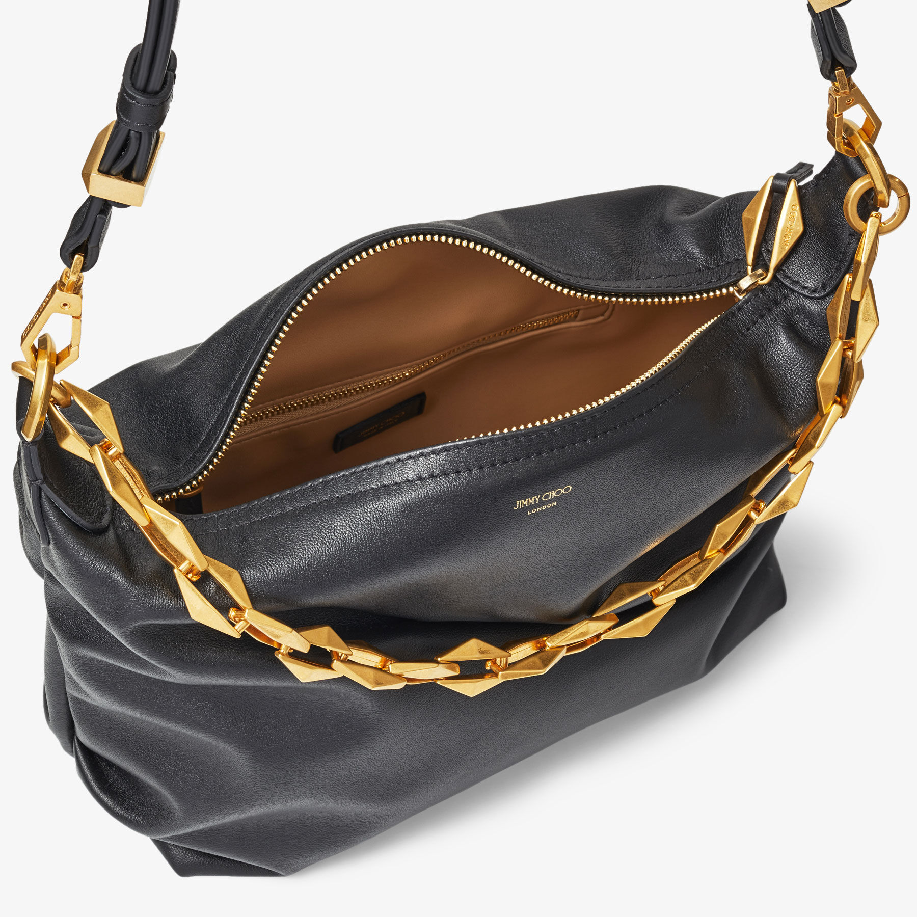 DIAMOND SOFT HOBO/S | Black Soft Calf Leather Hobo Bag with Chain Strap ...