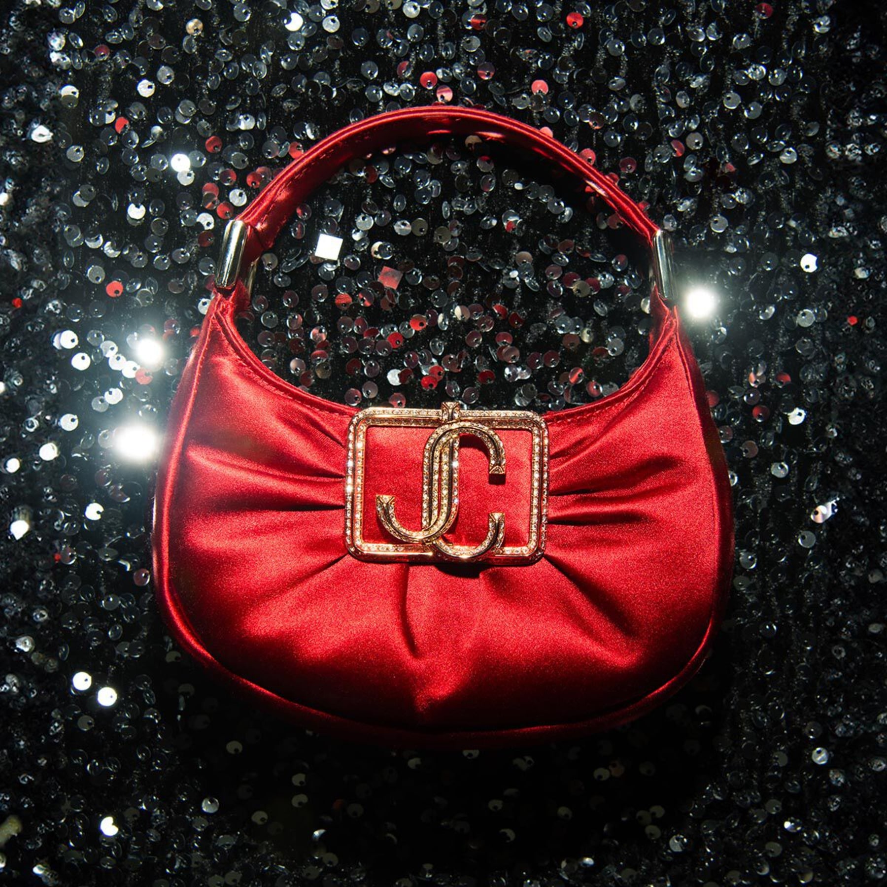 Edie Hobo Mini | Ruby Red Satin Mini Bag | JIMMY CHOO