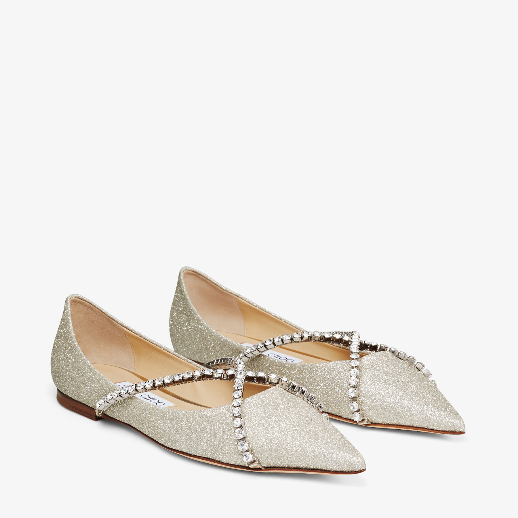 GENEVI FLAT | Platinum Ice Dusty Glitter Pointed-Toe Flats with Crystal Chain | Spring 2023 ...