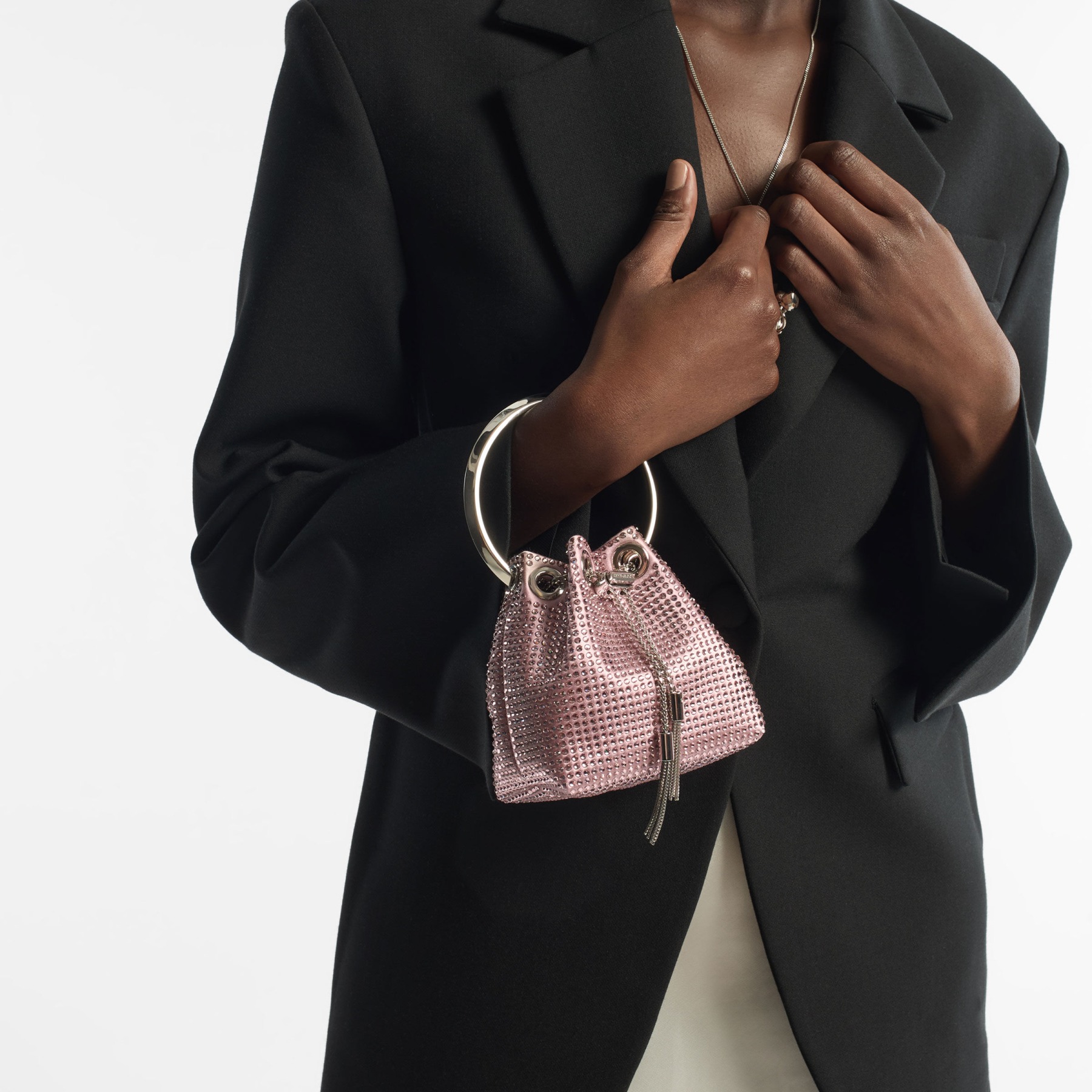 Micro Bon Bon | Rose Satin Crystal Mini Bag | JIMMY CHOO
