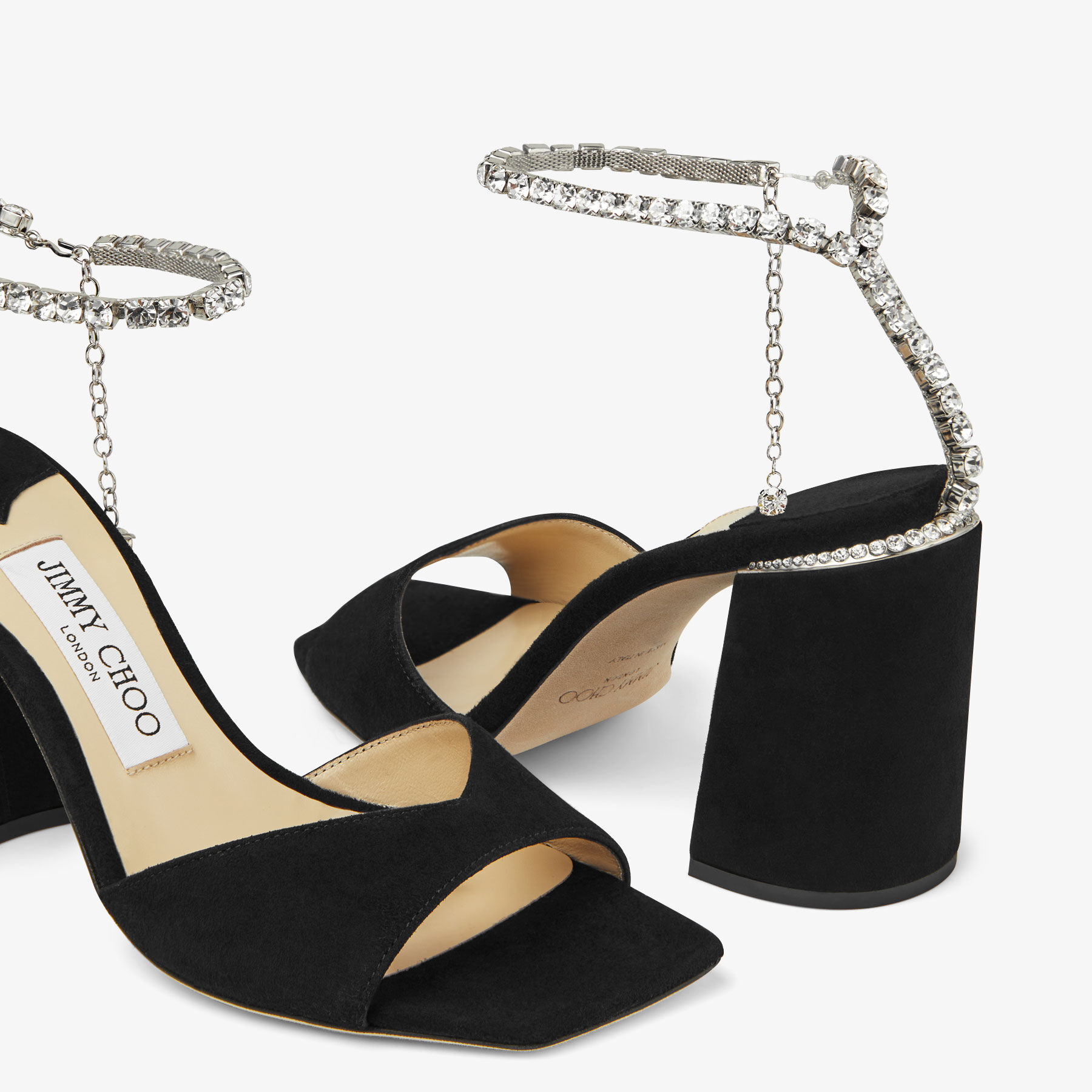 Saeda Sandal 85 | Black Suede Sandals with Crystal Chain | JIMMY CHOO