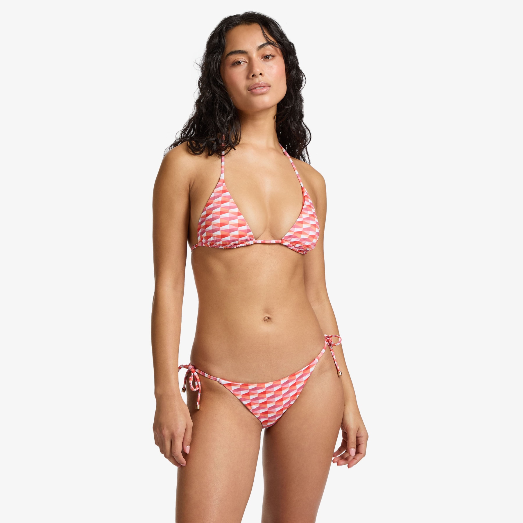 Ariah | Top bikini in nylon riciclato e lycra con stampa a rombi color paprika/rosa confetto ...