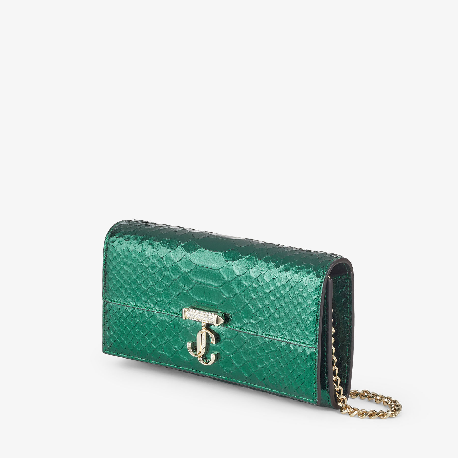 AVENUE WALLET W/CHAIN |Dark Green Metallic Snake Printed Leather Wallet ...