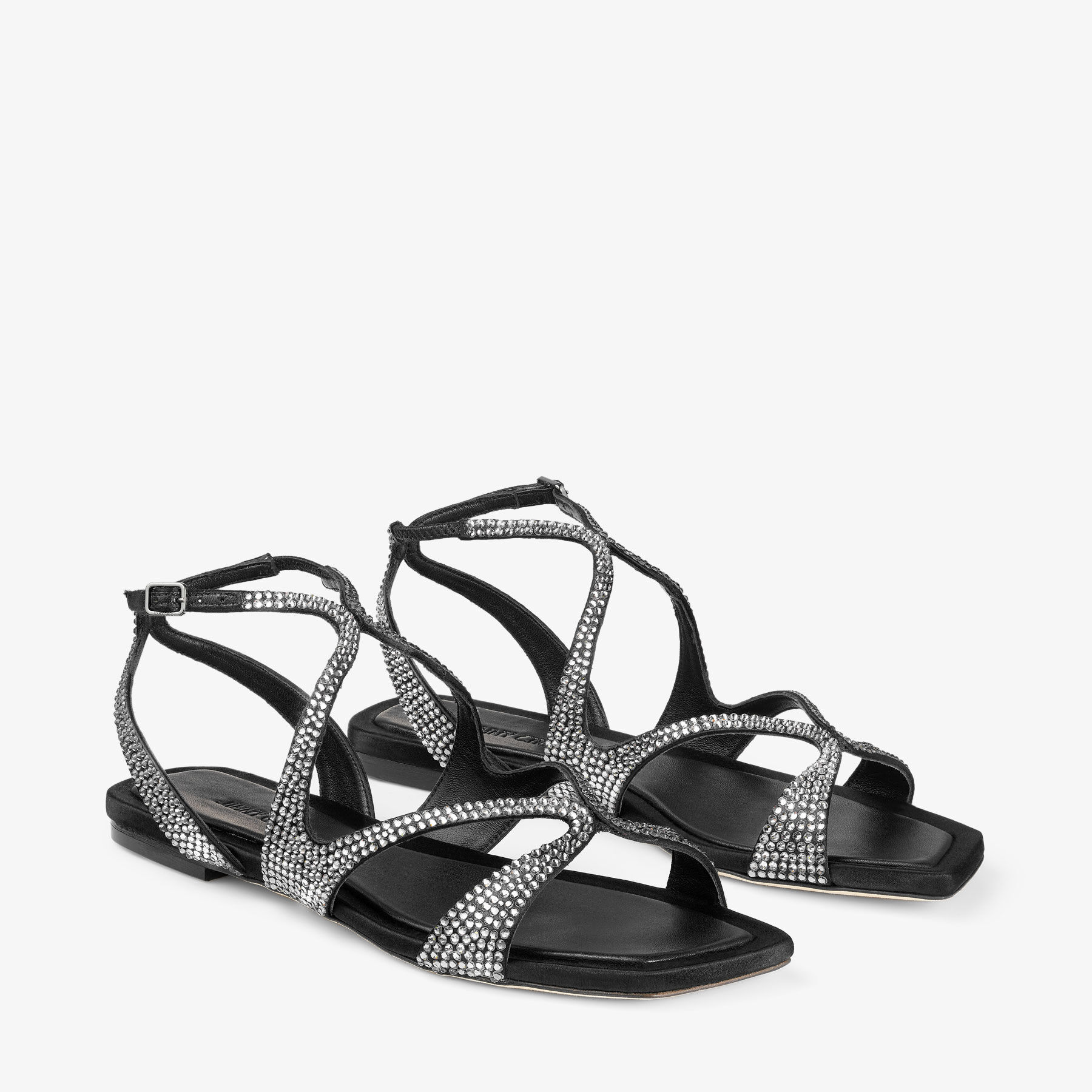 Ayla Flat 블랙 And 스모크 새틴 크리스털 플랫 지미추