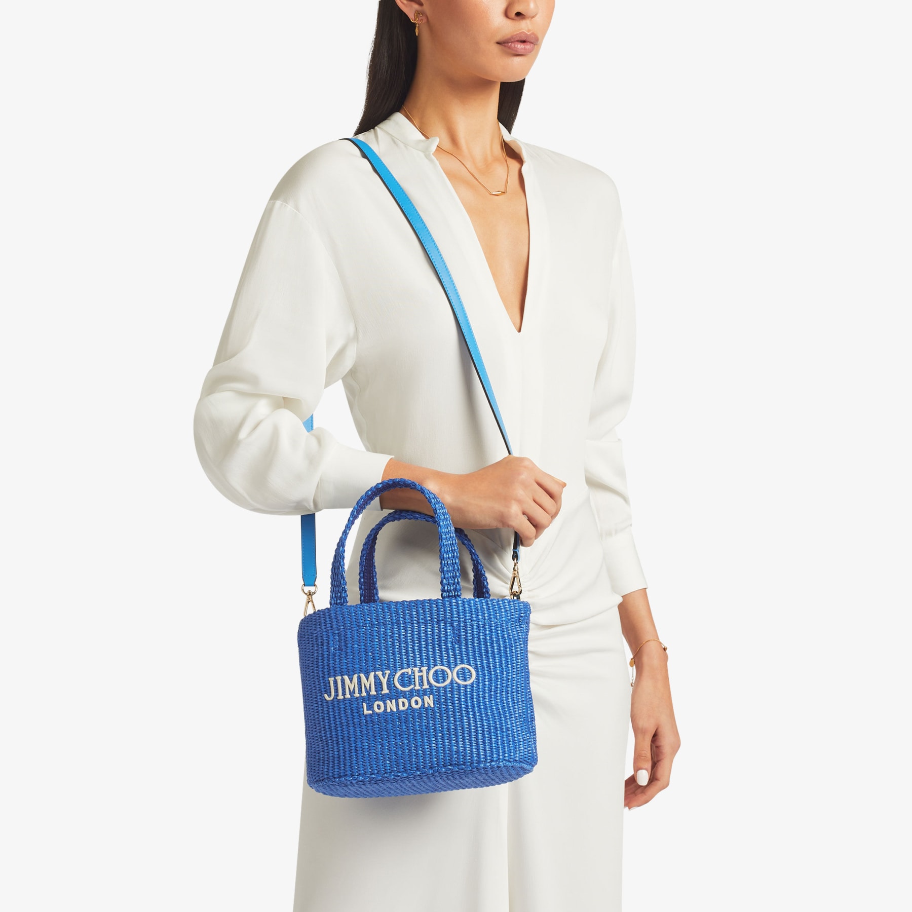 Beach Tote E/W Mini | Sky Raffia Embroidered Mini Tote Bag | JIMMY CHOO NZ