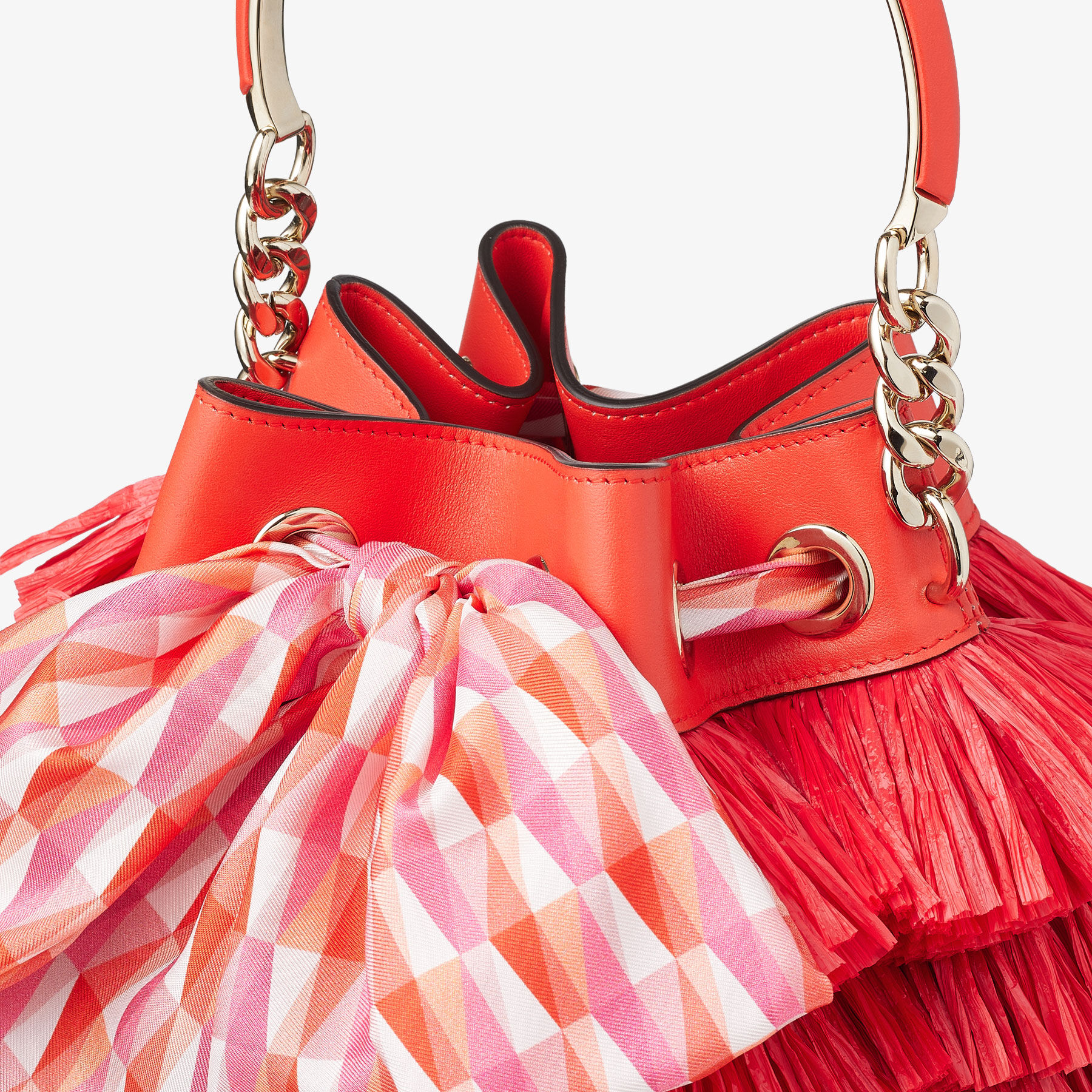 Bon Bon Bucket | Paprika/Candy Pink Raffia Fringe Bucket Bag | JIMMY ...
