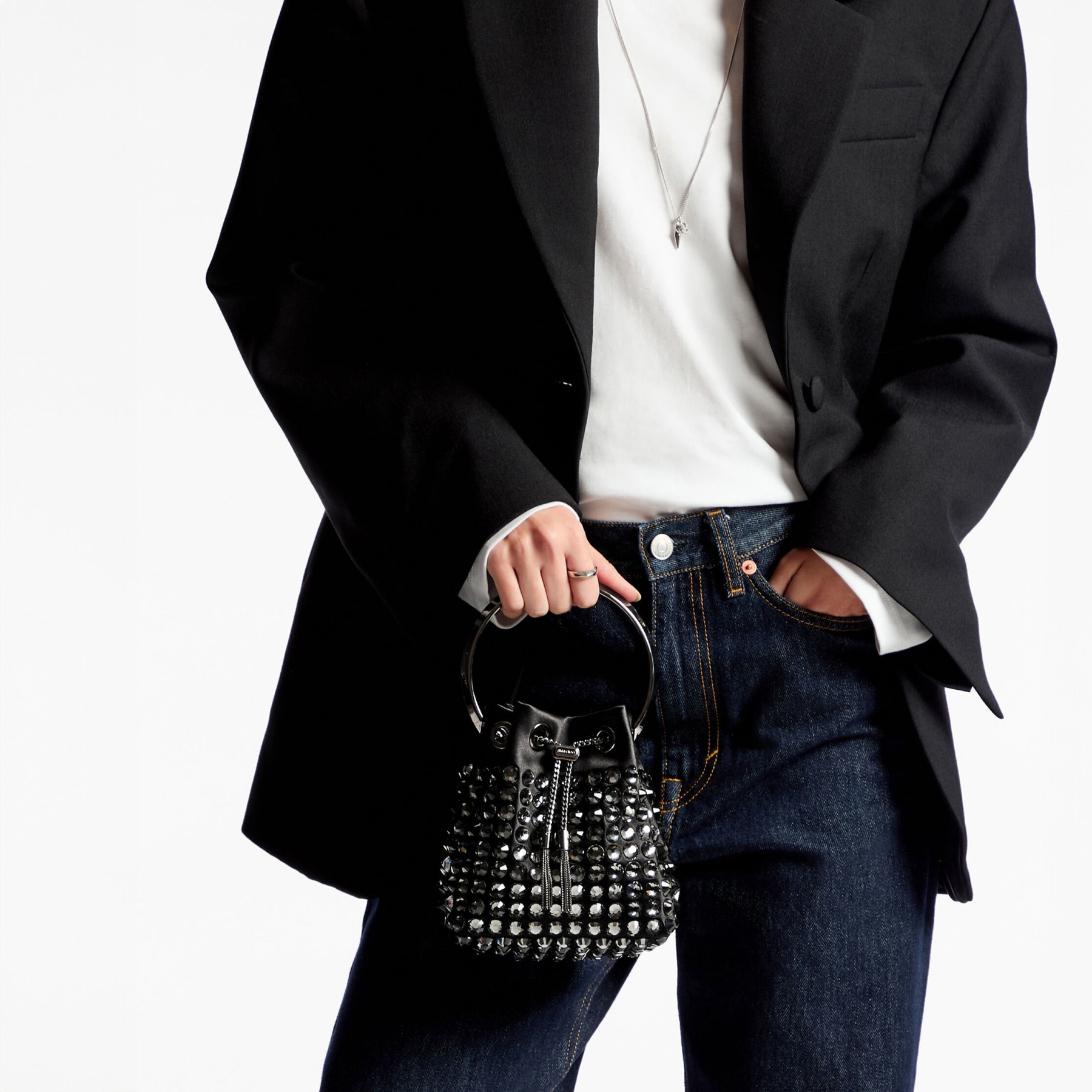 Bon Bon | Borsa in raso nero con cristalli | JIMMY CHOO