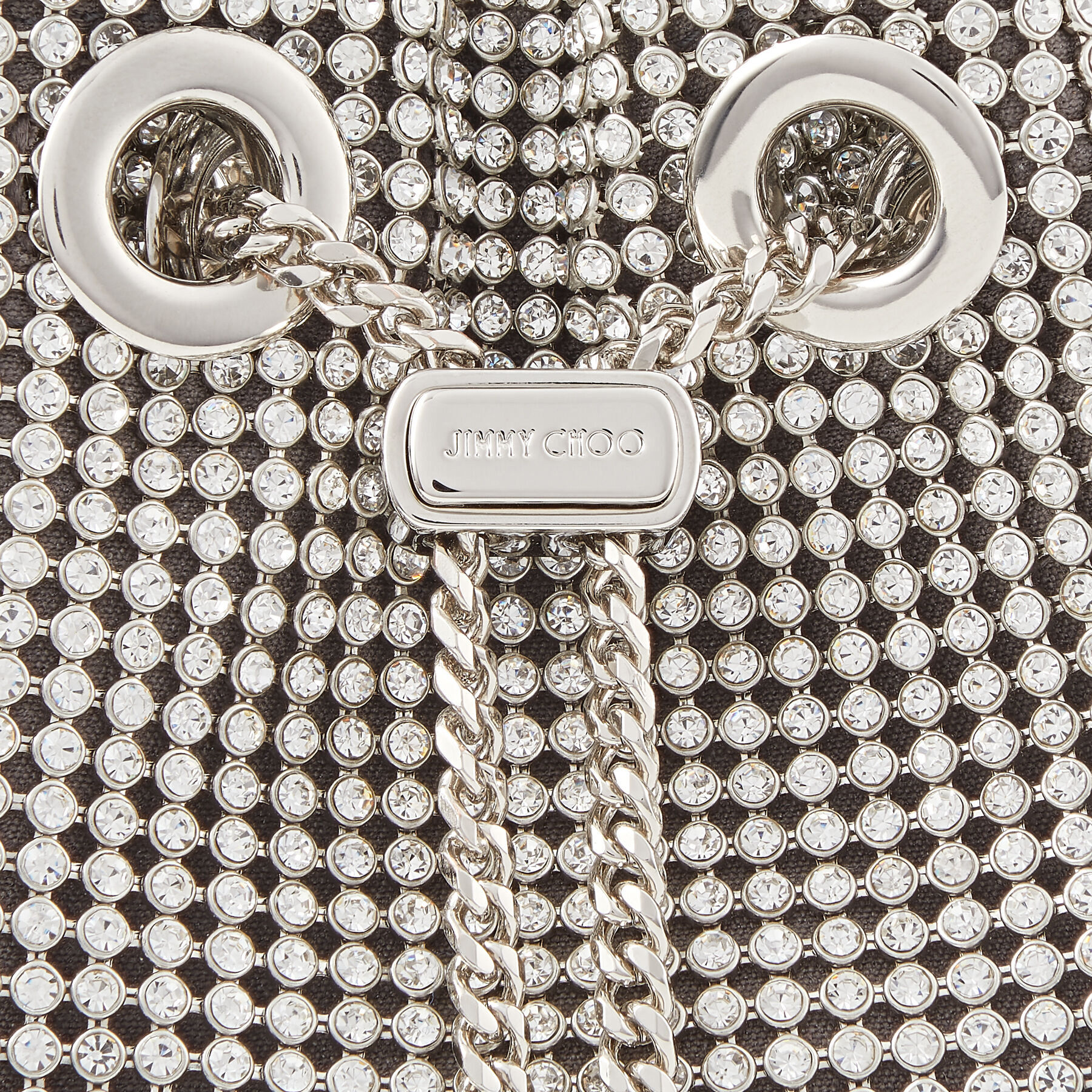 Bon Bon | Silver Satin Crystal Mesh Bag with Crystal Handle | JIMMY CHOO