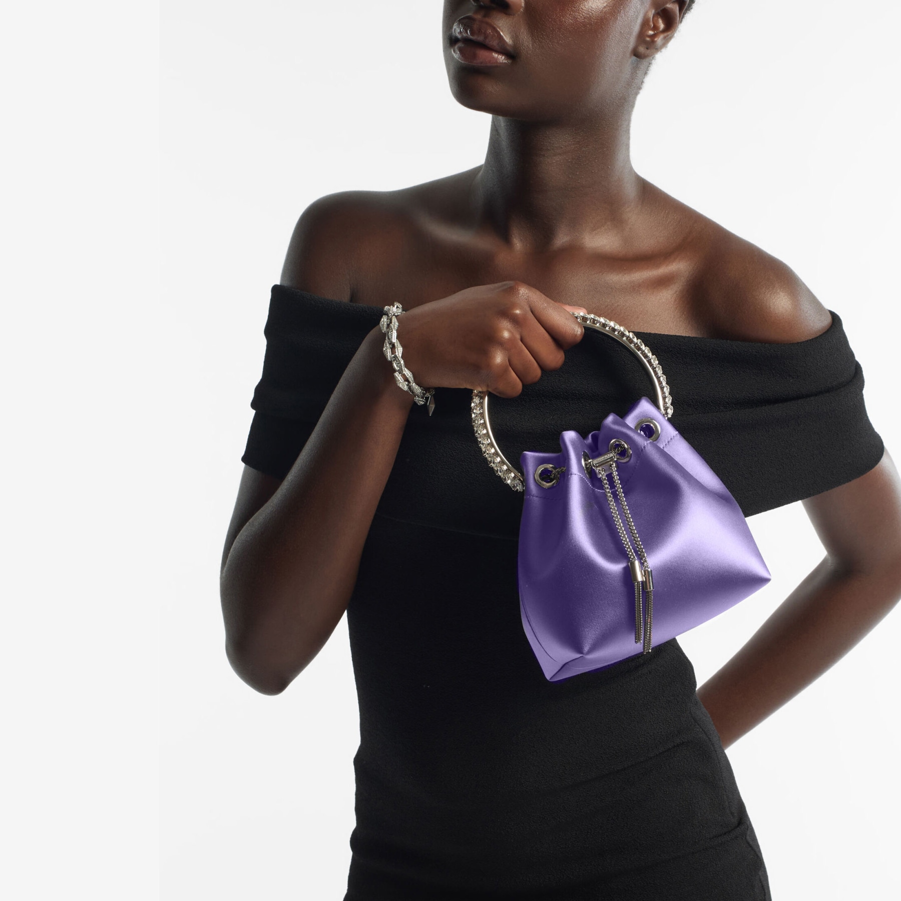 Bon Bon|Borsa in raso color tanzanite con cristalli| JIMMY CHOO