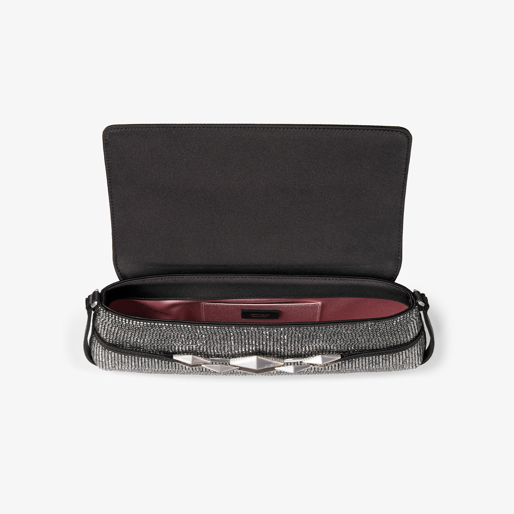 Diamond Shoulder | Sac porté épaule en satin noir à cristaux | JIMMYCHOO