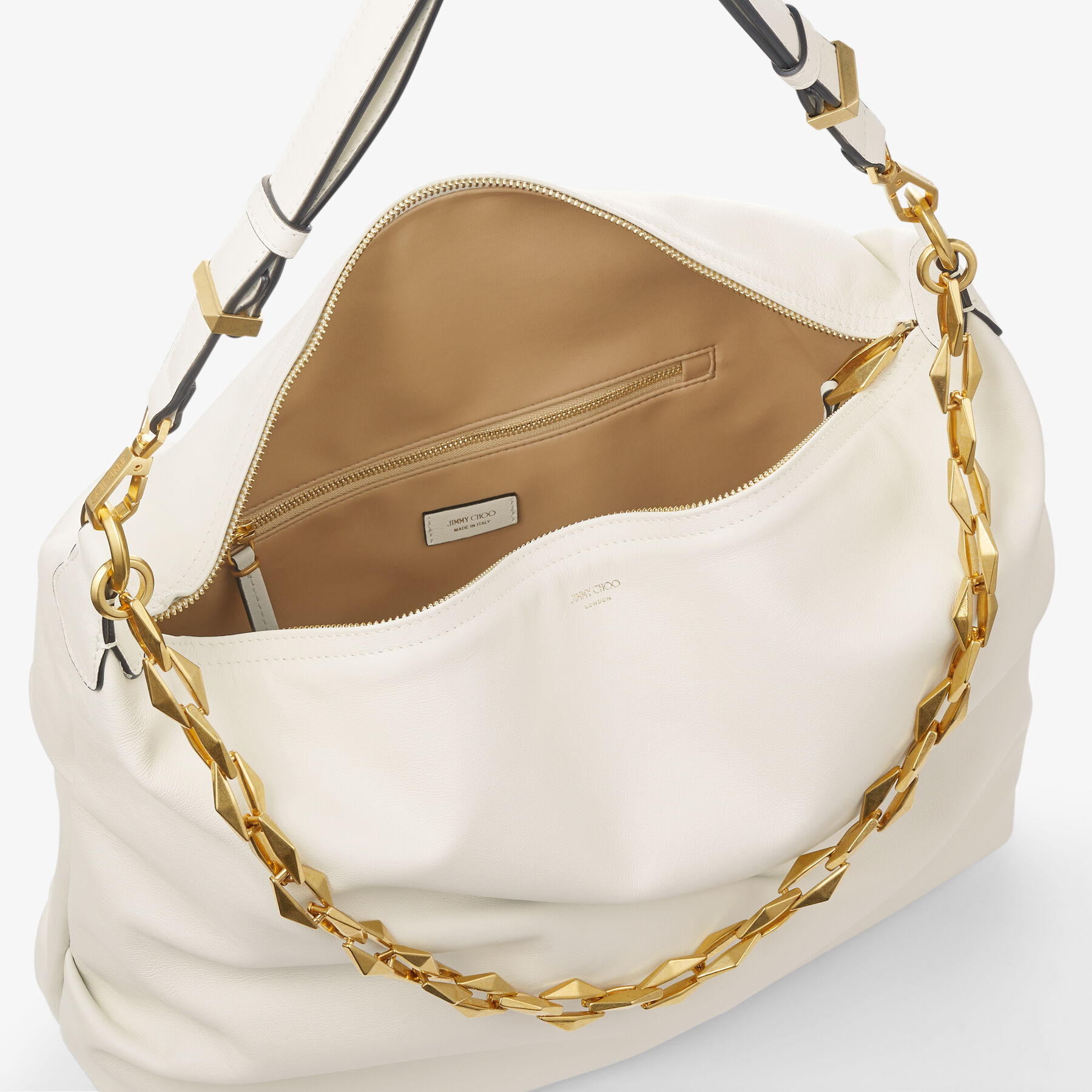 DIAMOND SOFT HOBO/S | Latte Soft Calf Leather Hobo Bag with Chain Strap ...