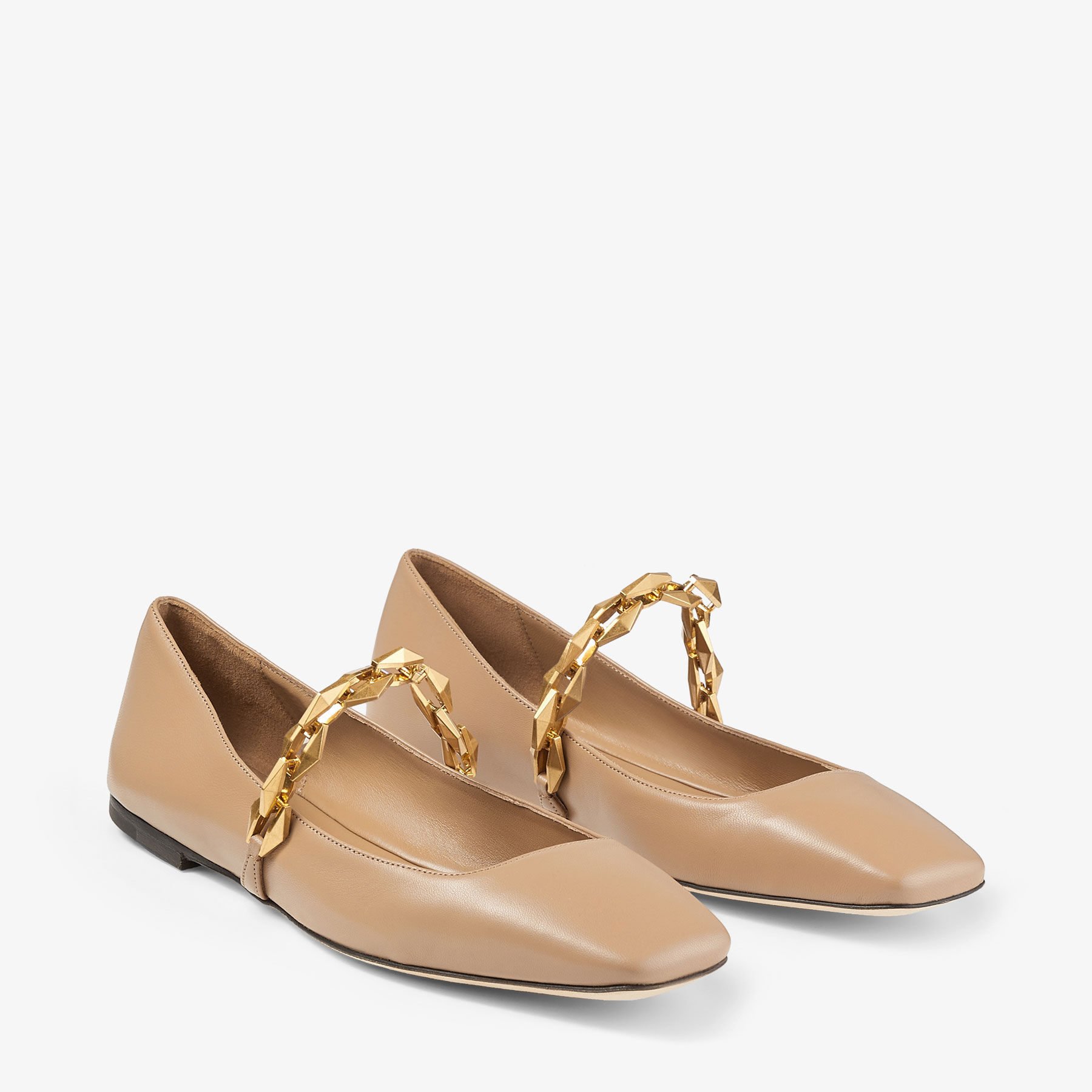 Diamond Tilda Flat | Biscuit Nappa Leather Flats with Diamond Chain ...
