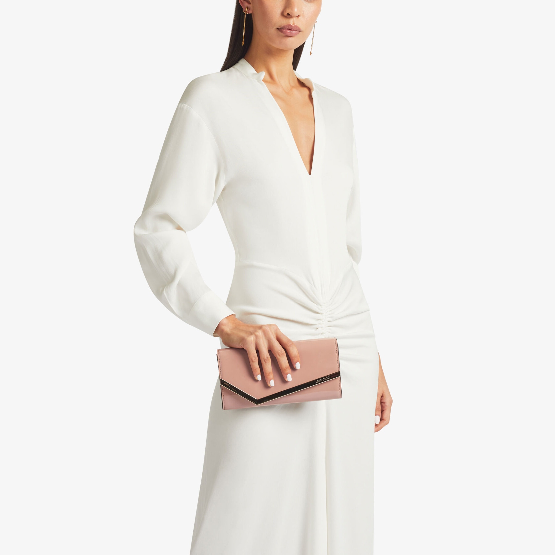 Emmie | Ballet Pink Patent Clutch Bag | JIMMY CHOO