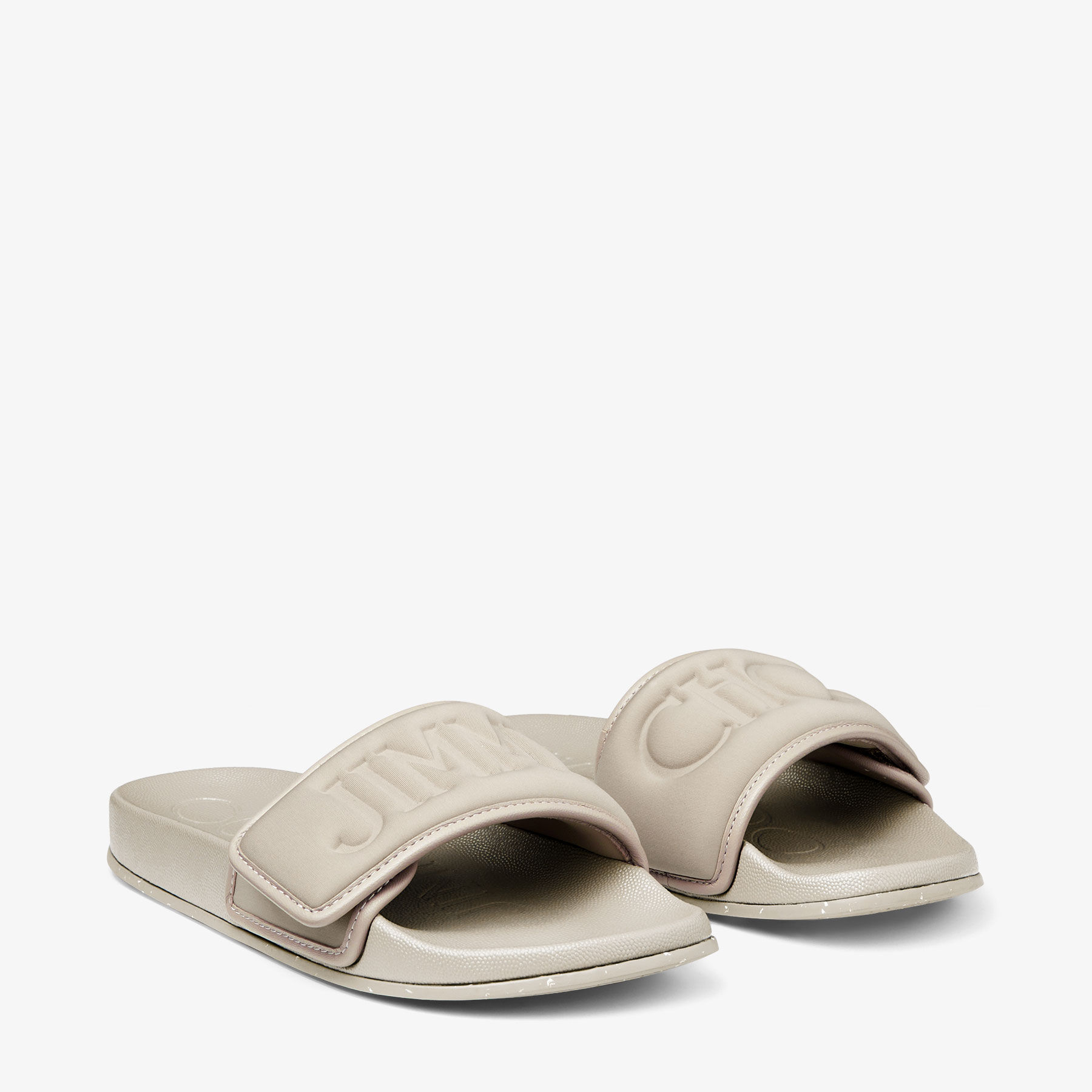 Fitz/F | Taupe Puffed Logo Lycra Slides | New Collection | JIMMY CHOO NZ