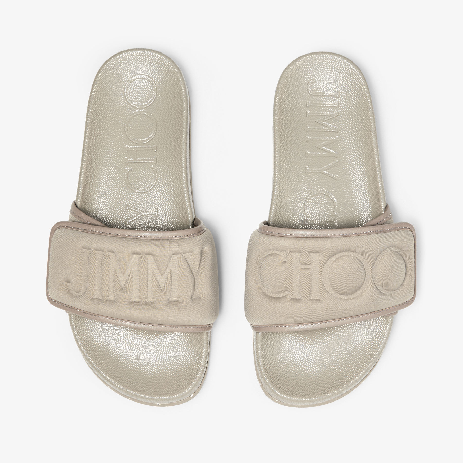 Fitz/F | Taupe Puffed Logo Lycra Slides | New Collection | JIMMY CHOO NZ