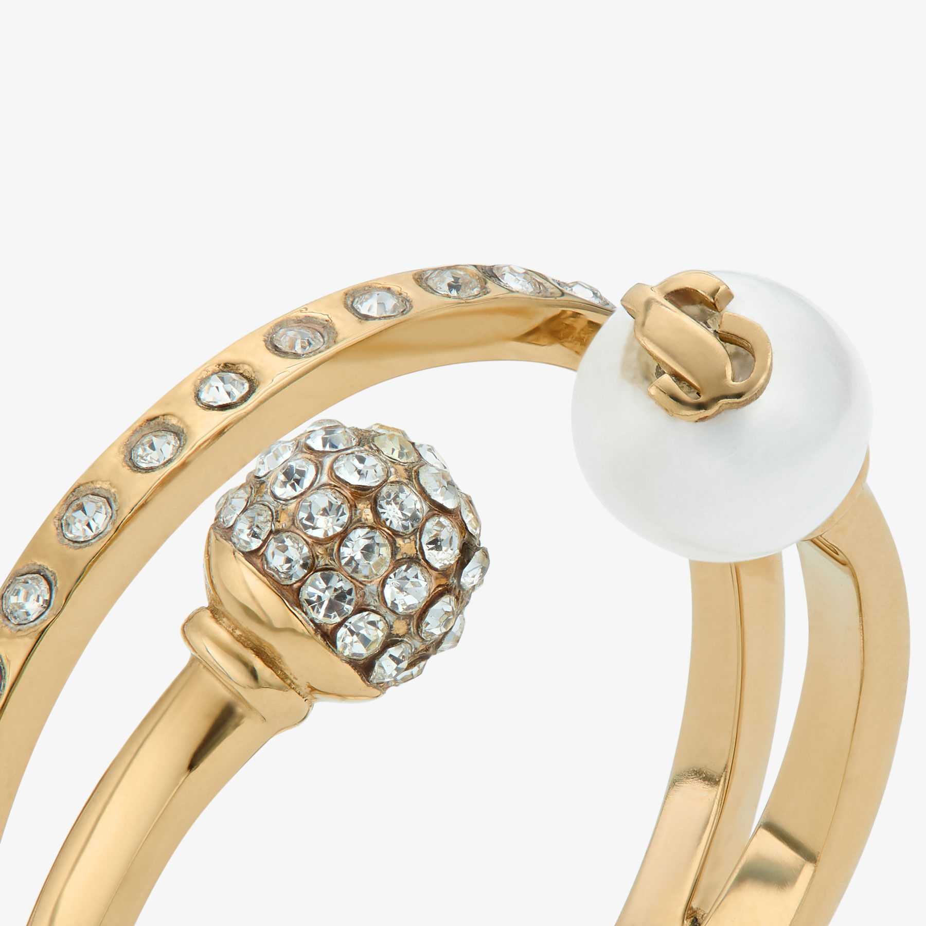 JC Double Ring | Goldfarbener Ring mit Perle und Kristallen | JIMMY CHOO