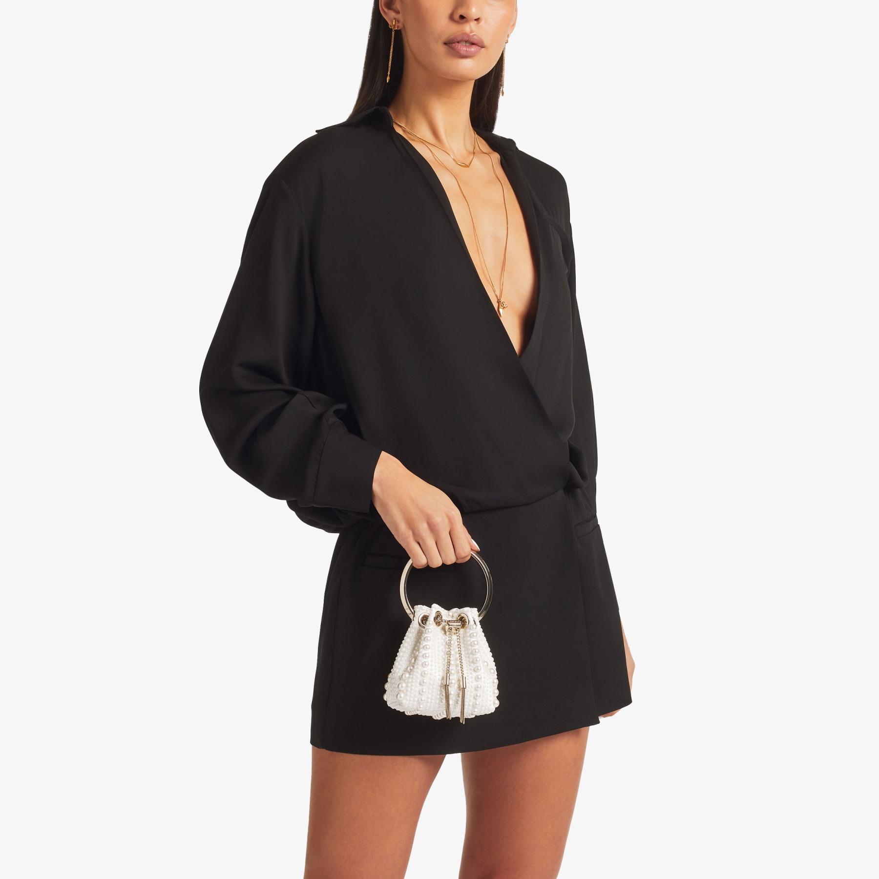 Micro Bon Bon | Ivory Satin Mini Bag with All-Over Pearls | JIMMY CHOO