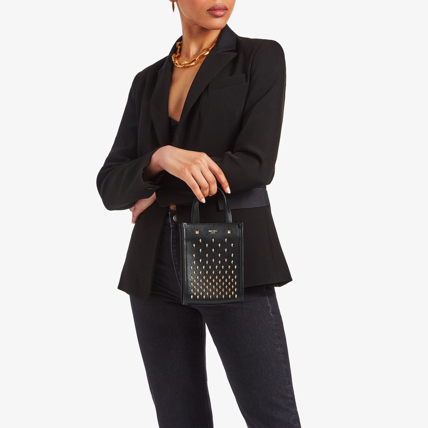 MINI N/S TOTE | Black Smooth Calf Leather Mini Tote Bag with Diamond ...