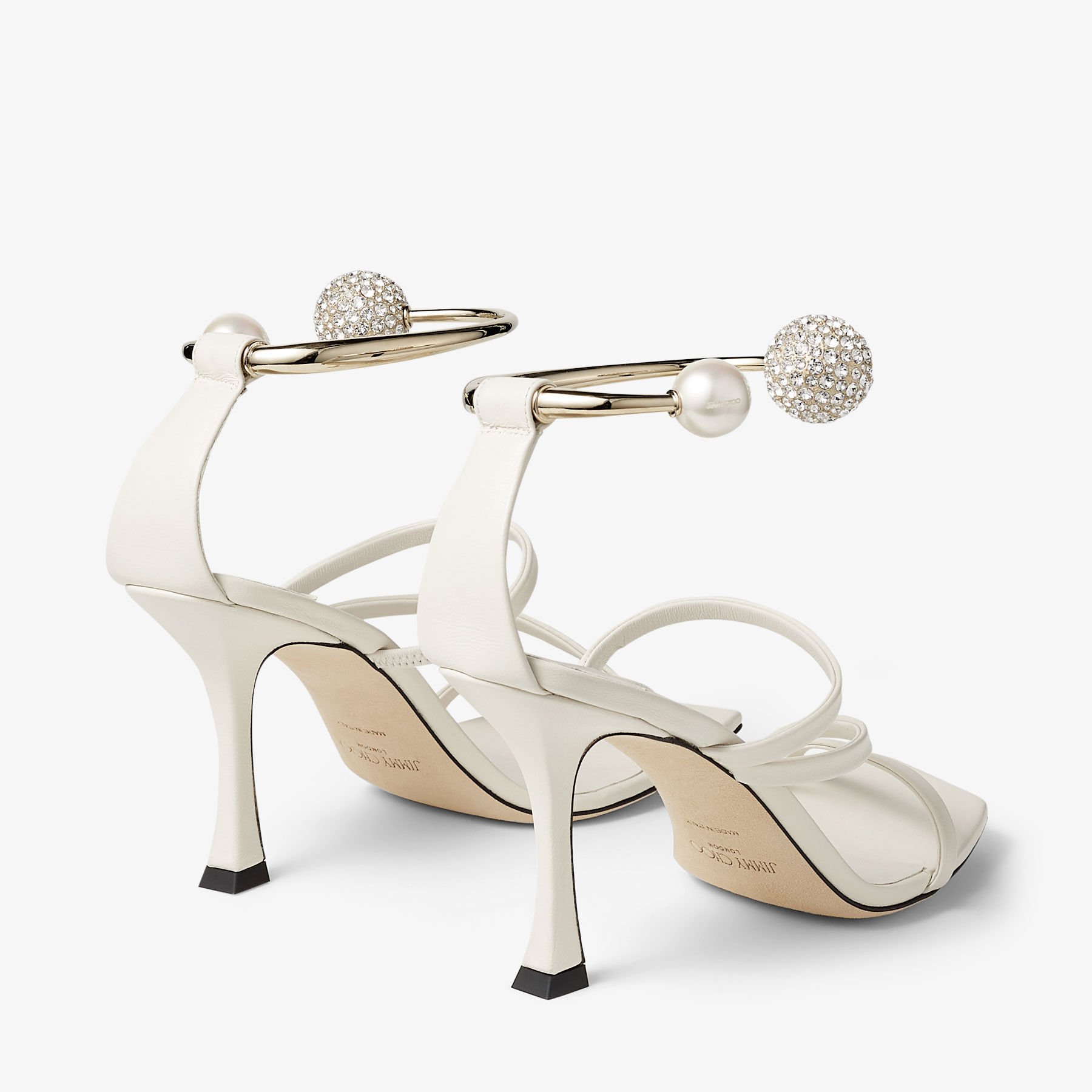 Ottilia 90 | Latte Nappa Leather Sandals with Crystal and Pearl Strap ...