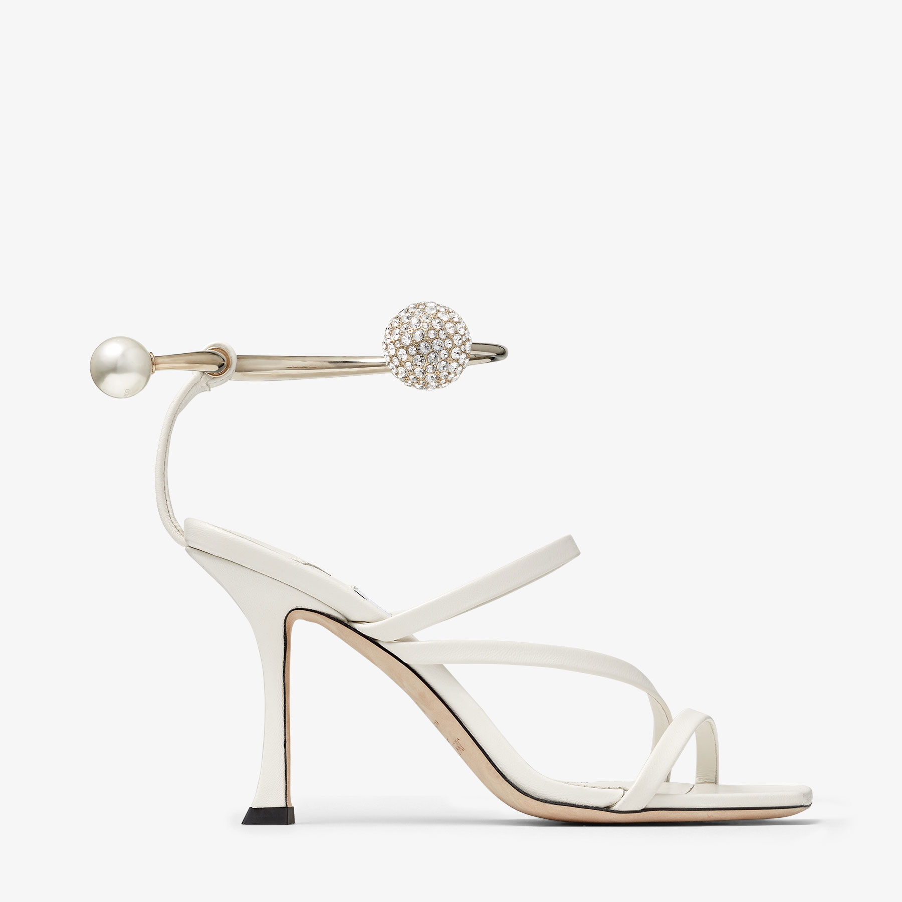 Ottilia 90 | Latte Nappa Leather Sandals with Crystal and Pearl Strap ...
