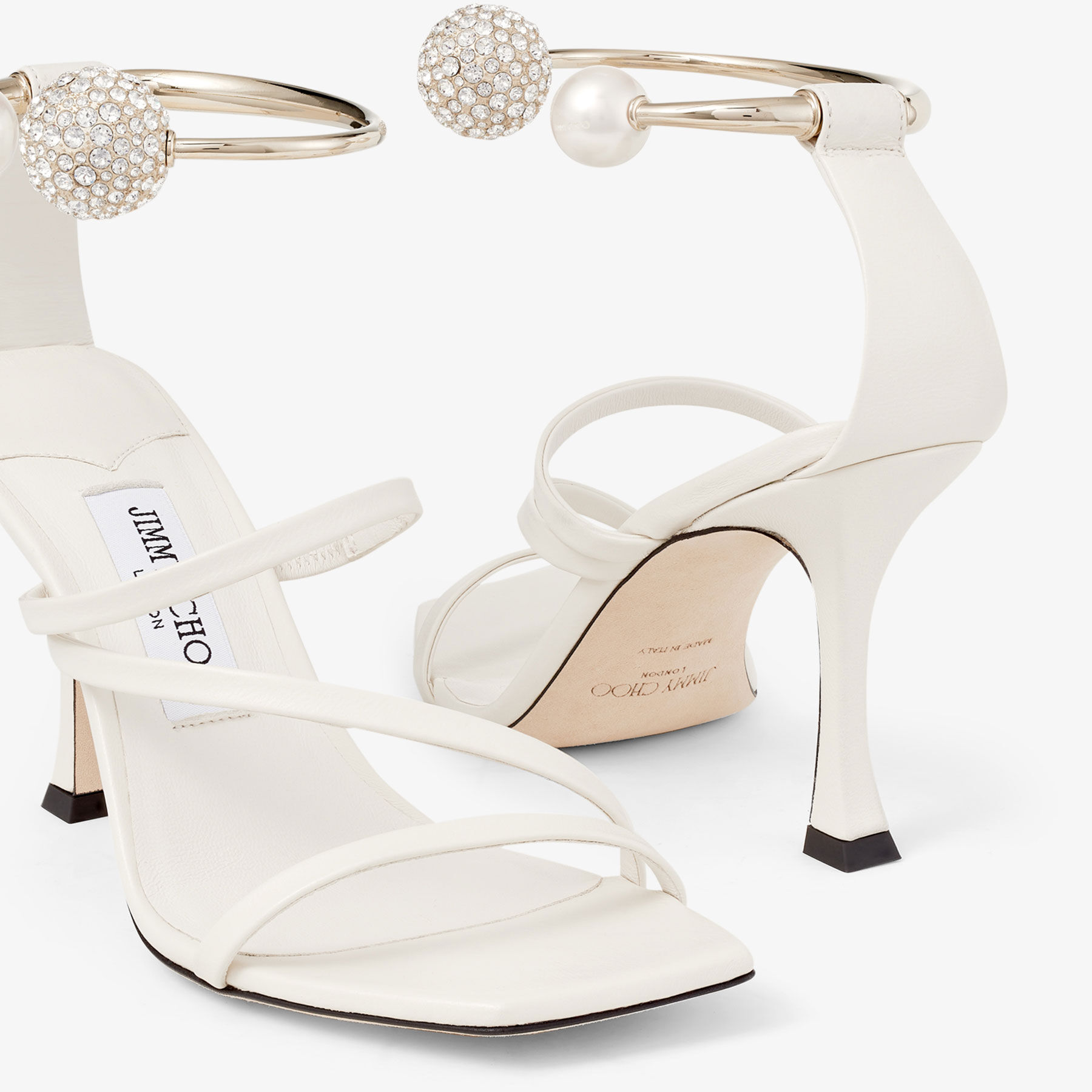 Ottilia 90 | Latte Nappa Leather Sandals with Crystal and Pearl Strap ...