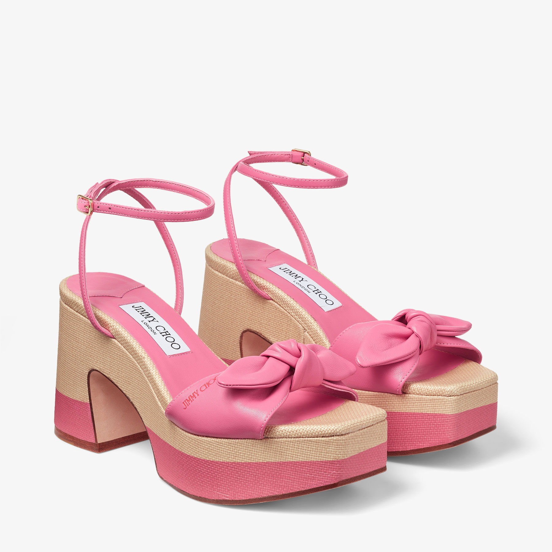 Ricia 95 | Candy Pink/Natural Leather and Raffia Platform Sandals ...