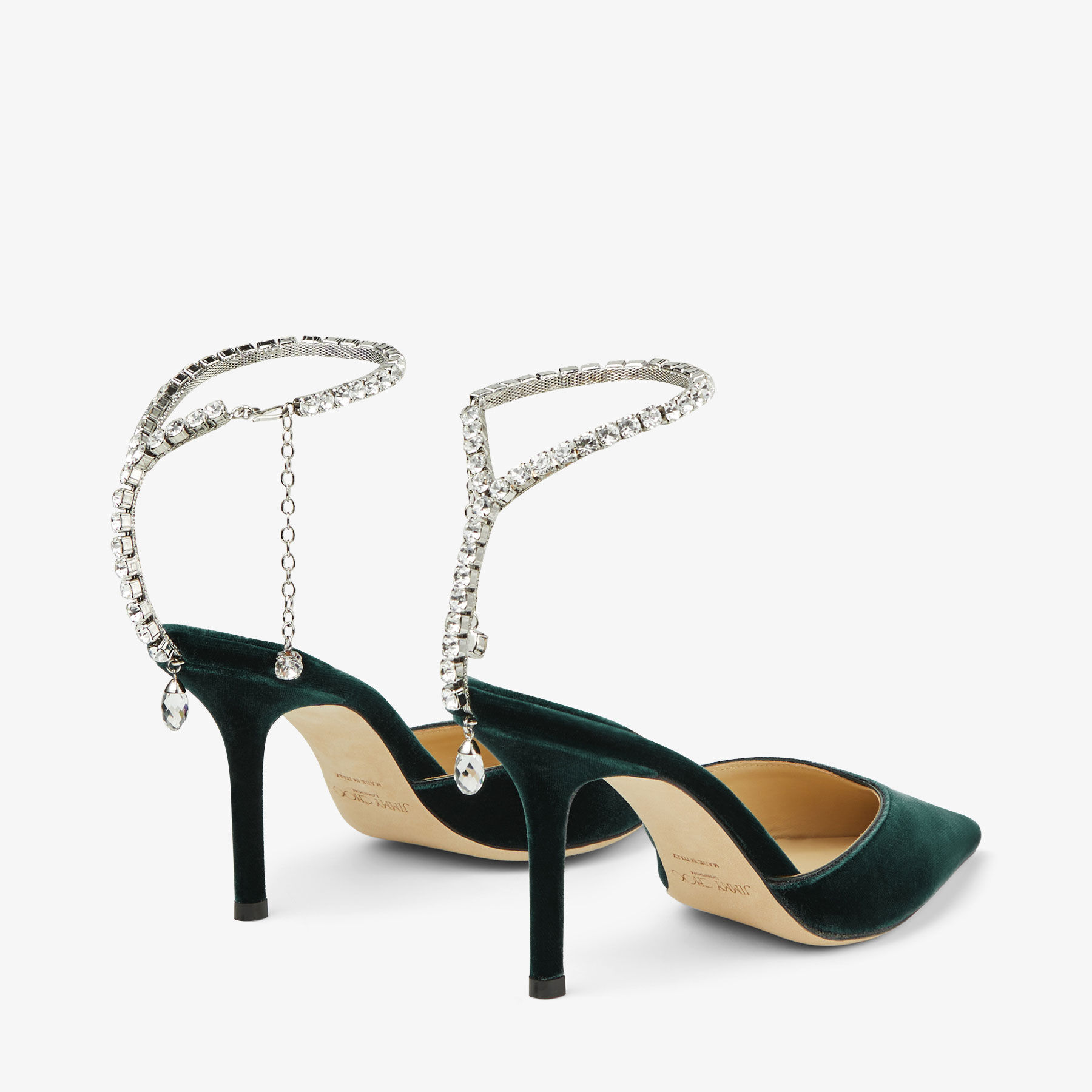 Saeda 85 | Dark Green Velvet Pumps with Crystal Chain | JIMMY CHOO