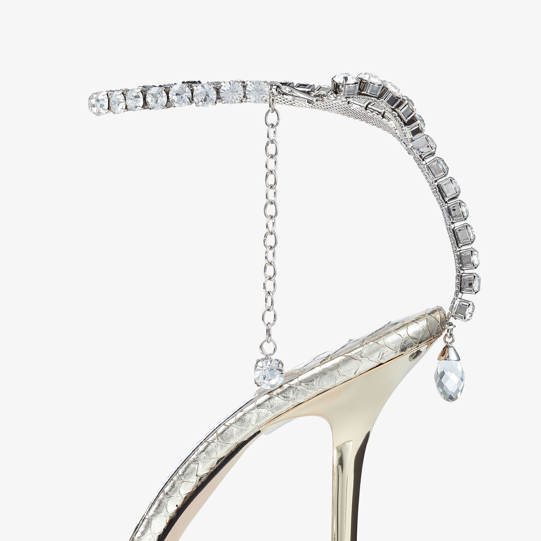 SAEDA SANDAL 100 | 配水晶链条香槟色金属感蛇纹印花皮凉鞋 | 新品系列 | JIMMY CHOO ROA