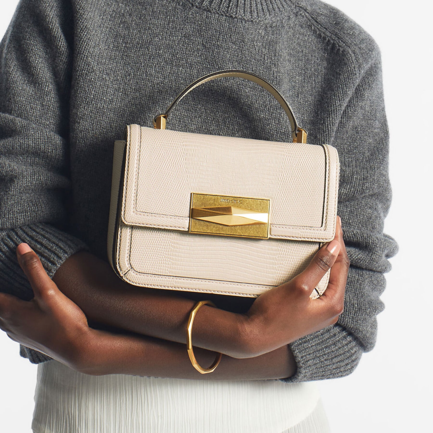 Diamond Tophandle|Gold Lizard Print Top Handle Bag| JIMMY CHOO