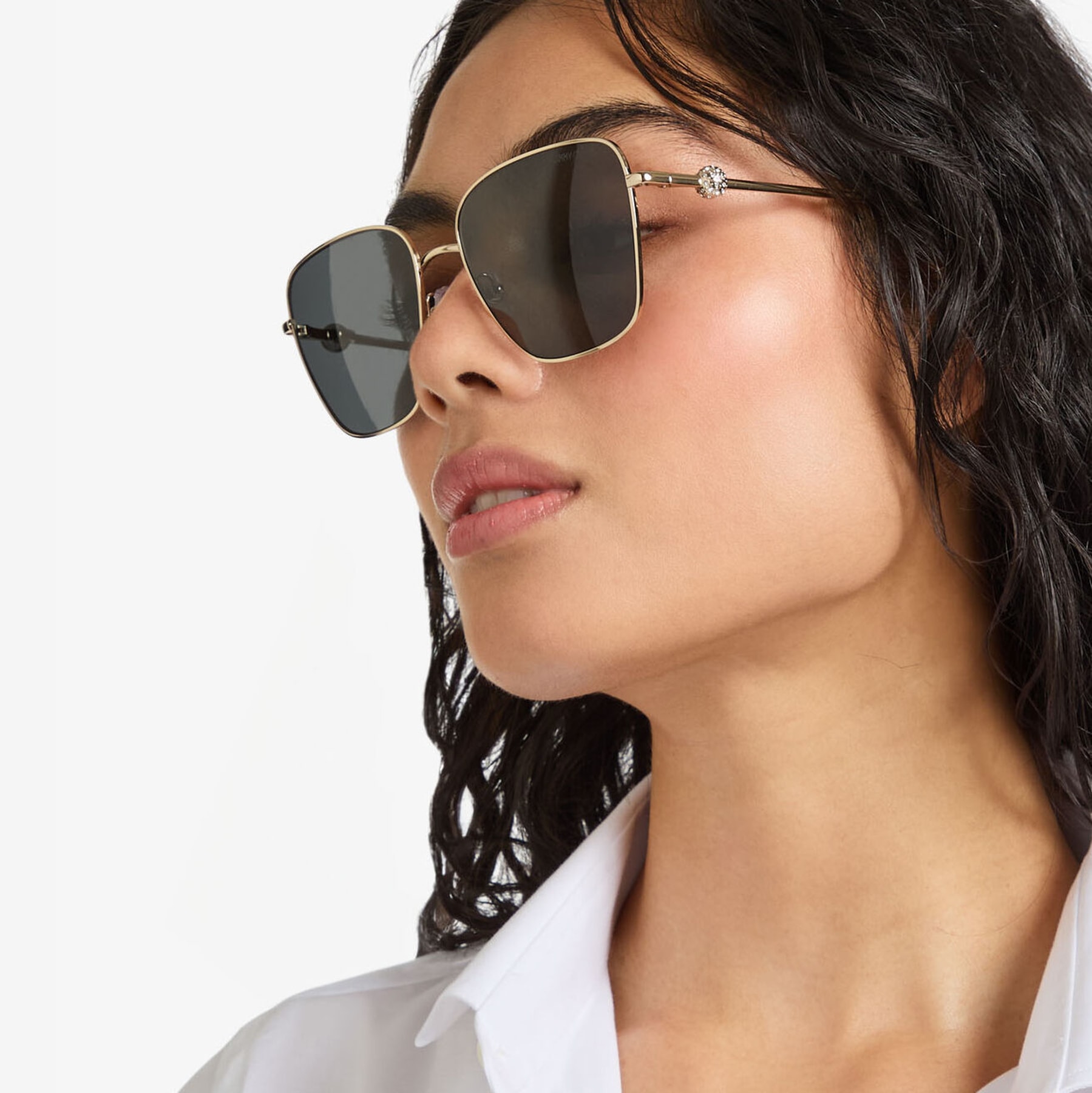 Pua | Pale Gold Square Sunglasses with Crystals | JIMMY CHOO