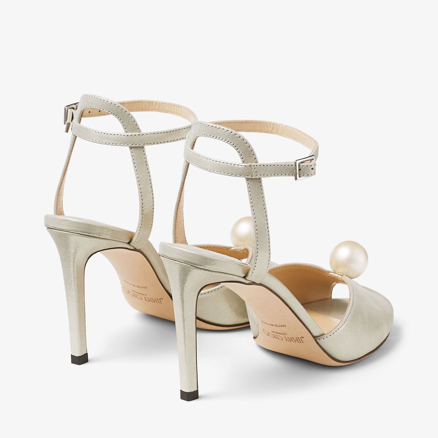 SACORA 85 | Champagne Shimmer Suede Sandals with Pearl Embellishment ...