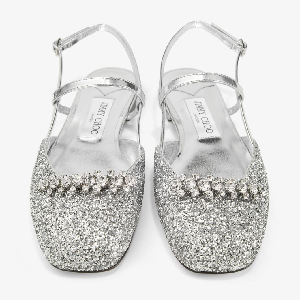 Belinda Sling Back Flat | Silver Powder Glitter Fabric and Liquid Metal ...