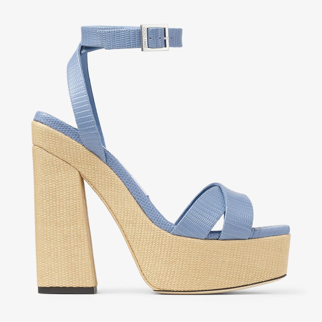 Gaia 140 | Denim/Natural Lizard Print Sandals | JIMMY CHOO