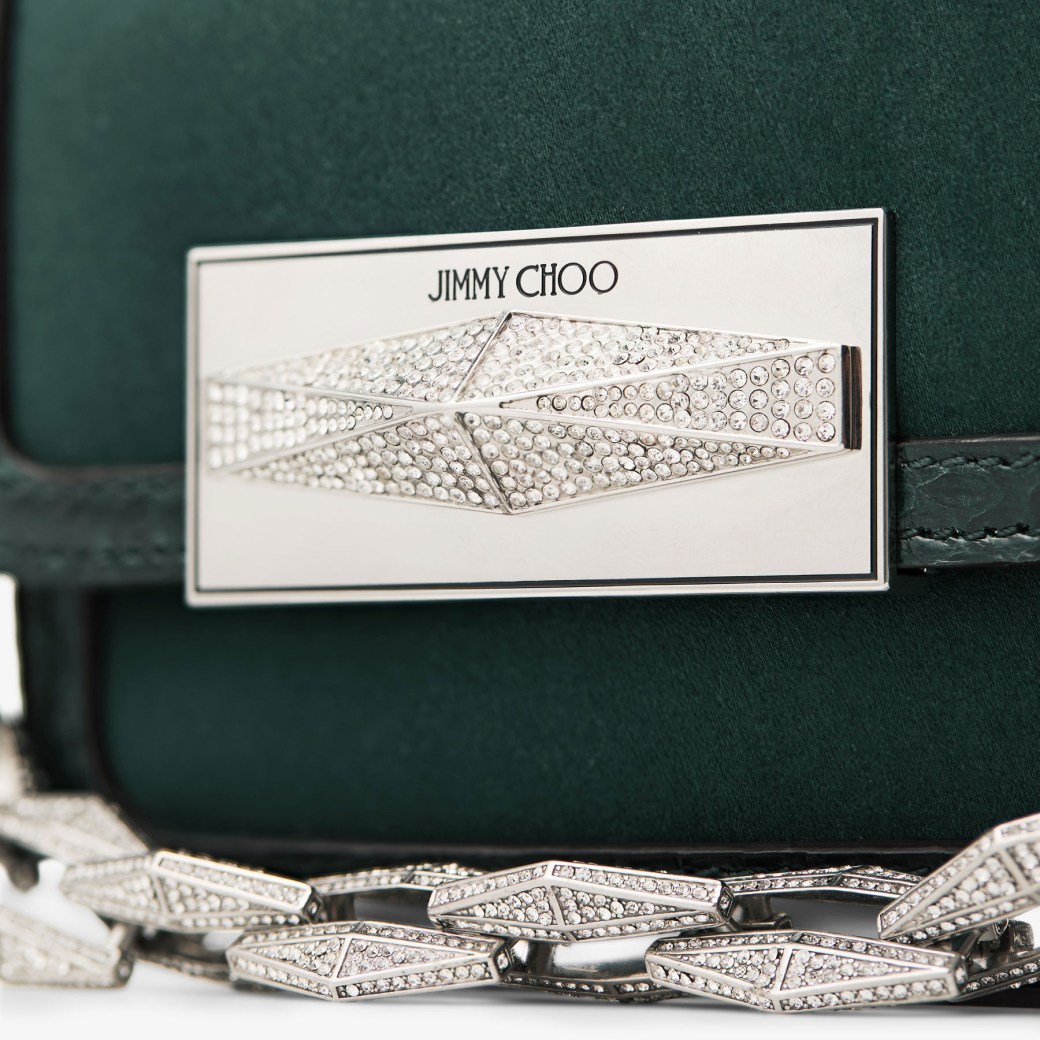 Mini Diamond Top Handle | Dark Green Satin Mini Bag | JIMMY CHOO