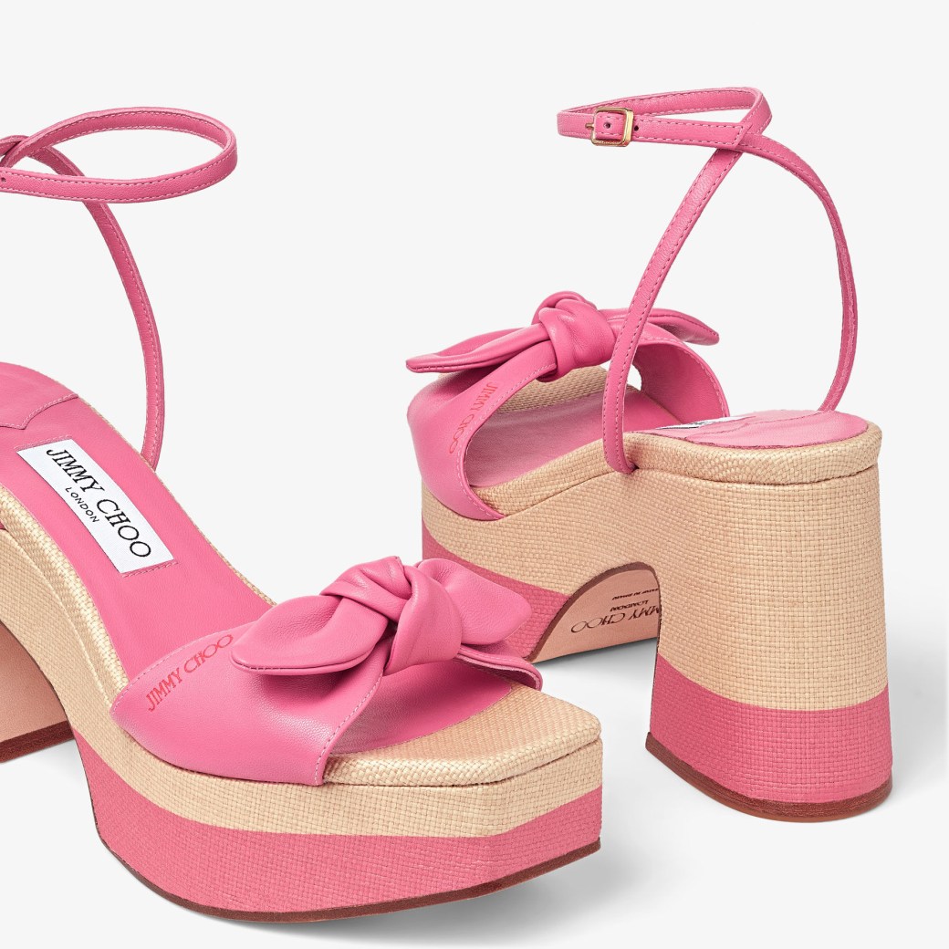 Ricia 95 | Candy Pink/Natural Leather and Raffia Platform Sandals ...