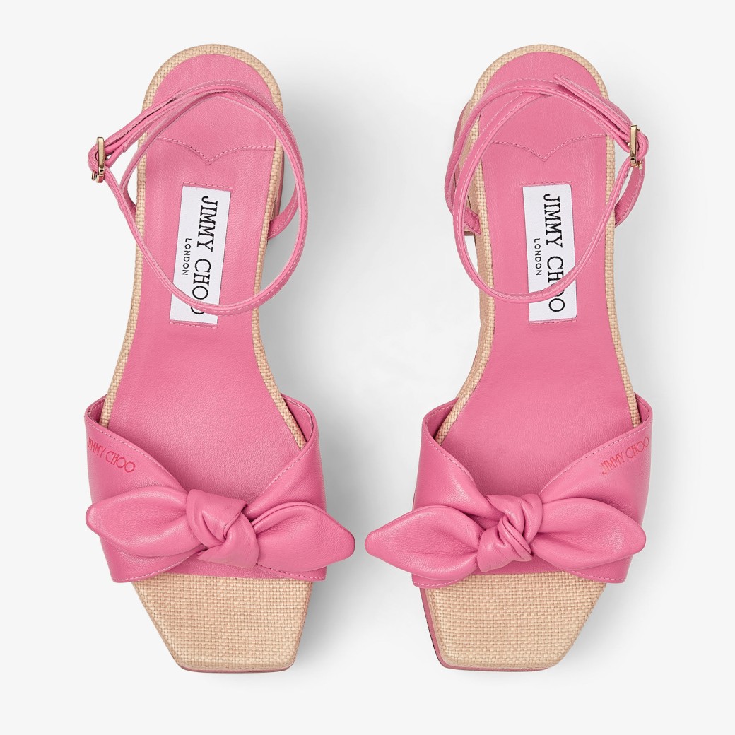 Ricia 95 | Candy Pink/Natural Leather and Raffia Platform Sandals ...